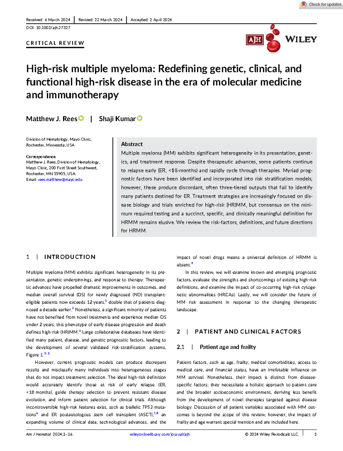 Matthew j rees high risk multiple myeloma redefining - C R I T I C A L ...