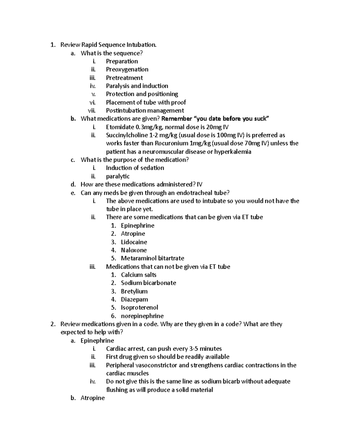 ICu Week Prep 2 - ICU week 2 prep work - Review Rapid Sequence ...