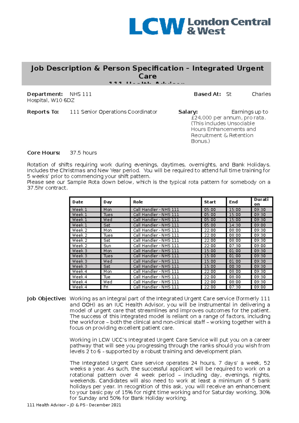 111 Health Advisor - JD & PS - December 2021 - Department: NHS 111 ...