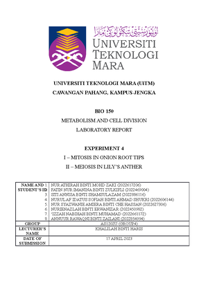 Bio150 lab report - FAKULTI SAINS GUNAAN UNIVERISITI TEKNOLOGI MARA ...