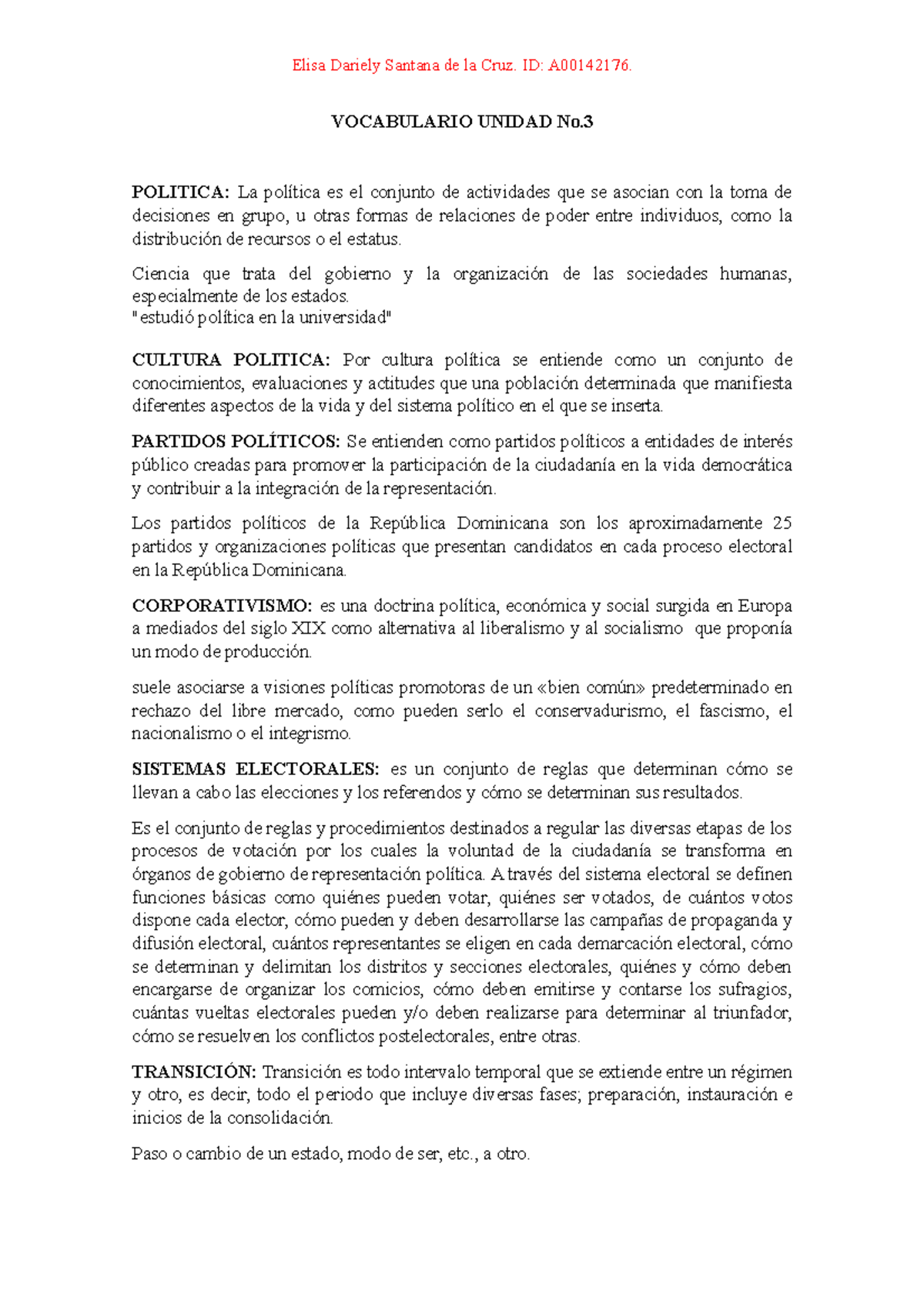 Vocabulario Unidad No. 3 - Elisa Dariely Santana de la Cruz. ID ...