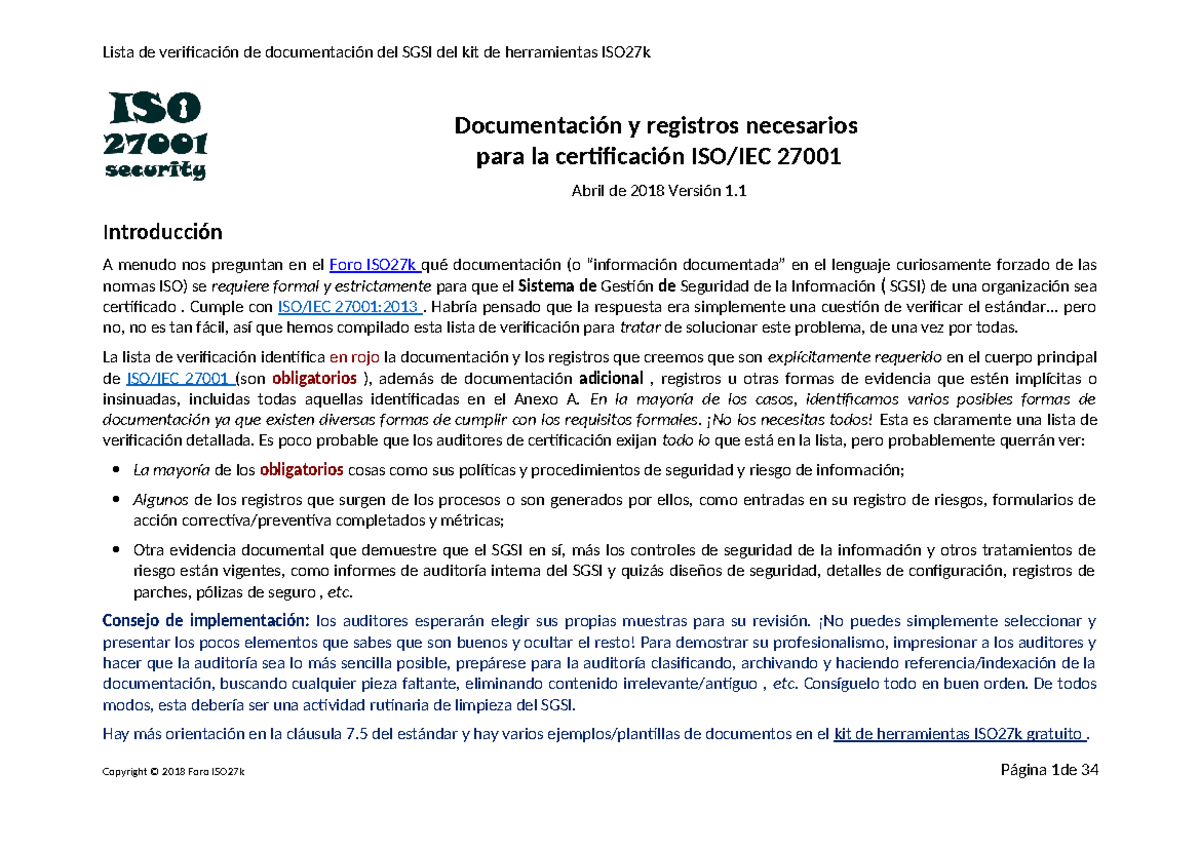 ISO27k ISMS Mandatory documentation checklist release 1v1 ...