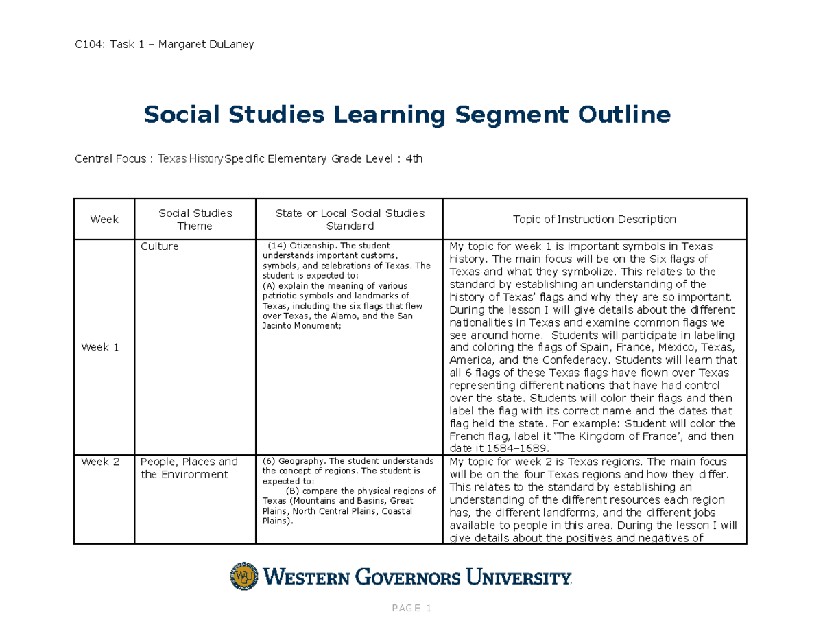 Social Studies Learning Segment Outline - The student understands ...