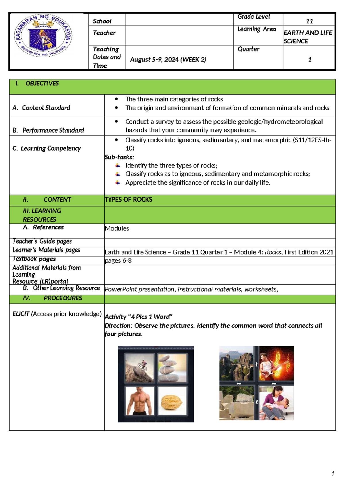 Week 2.2 - Weathering - Lesson Plan - 1 School Grade Level 11 Teacher ...