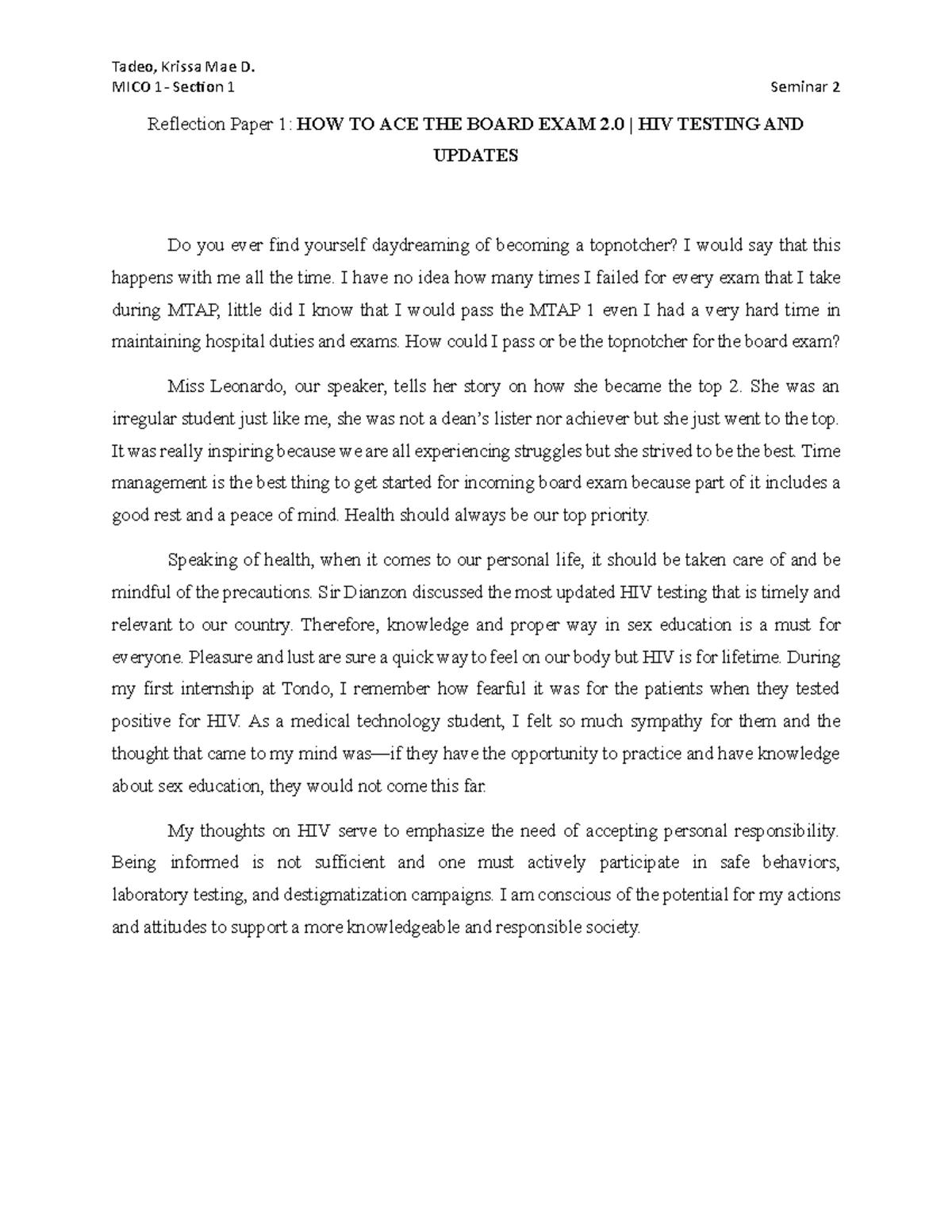 Tadeo, Krissa Mae How to Ace Board Exam (Reflection Paper 1) - Tadeo ...