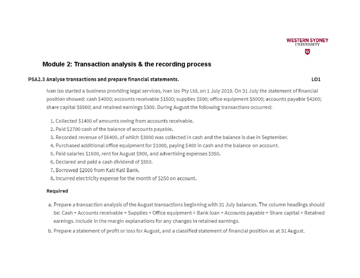 2001 11 Module 2 wrokshop solutions - Module 2: Transaction analysis ...