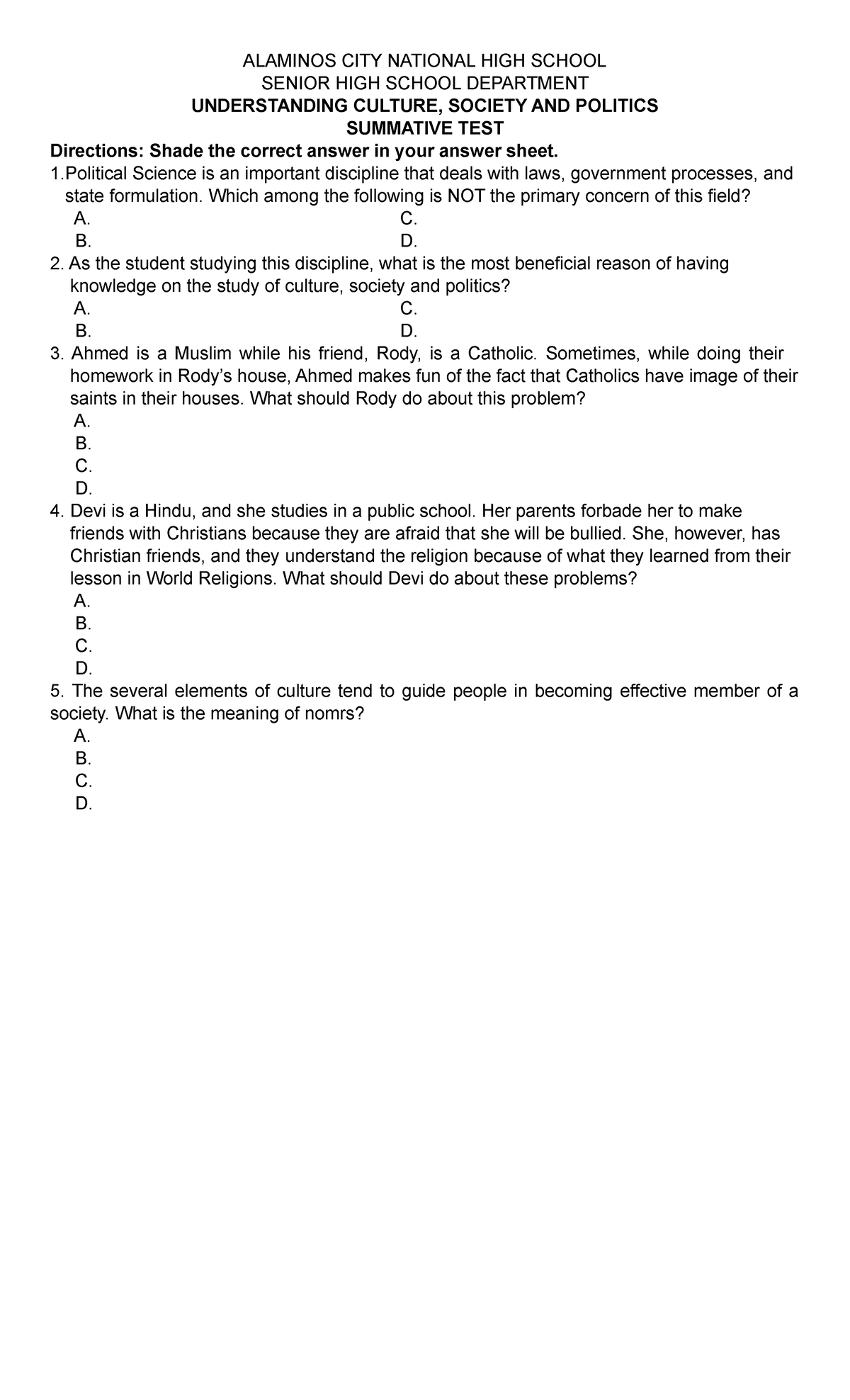 UCSP Summative EXAM - exam - ALAMINOS CITY NATIONAL HIGH SCHOOL SENIOR ...