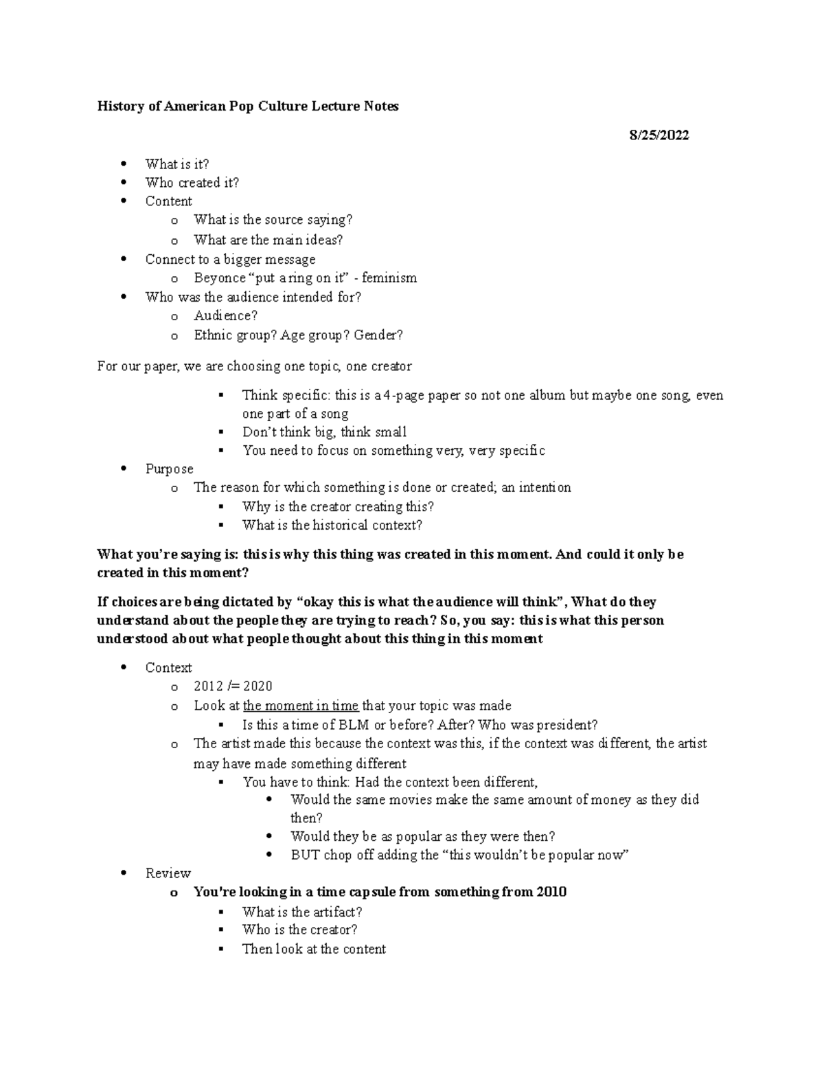 History of American Pop Culture Lecture Notes 1 - History of American ...