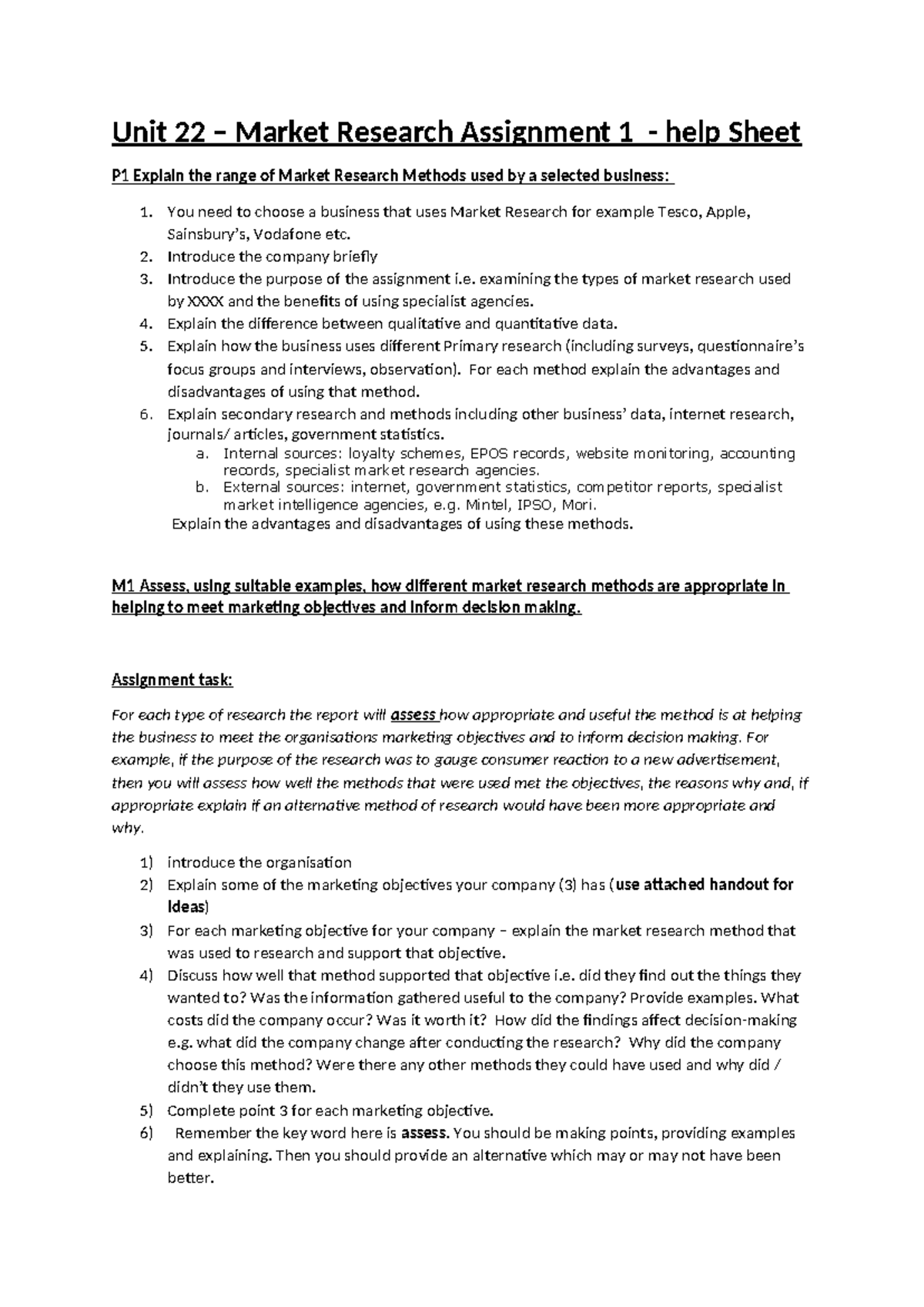Unit 22 supportive notes - Unit 22 – Market Research Assignment 1 ...