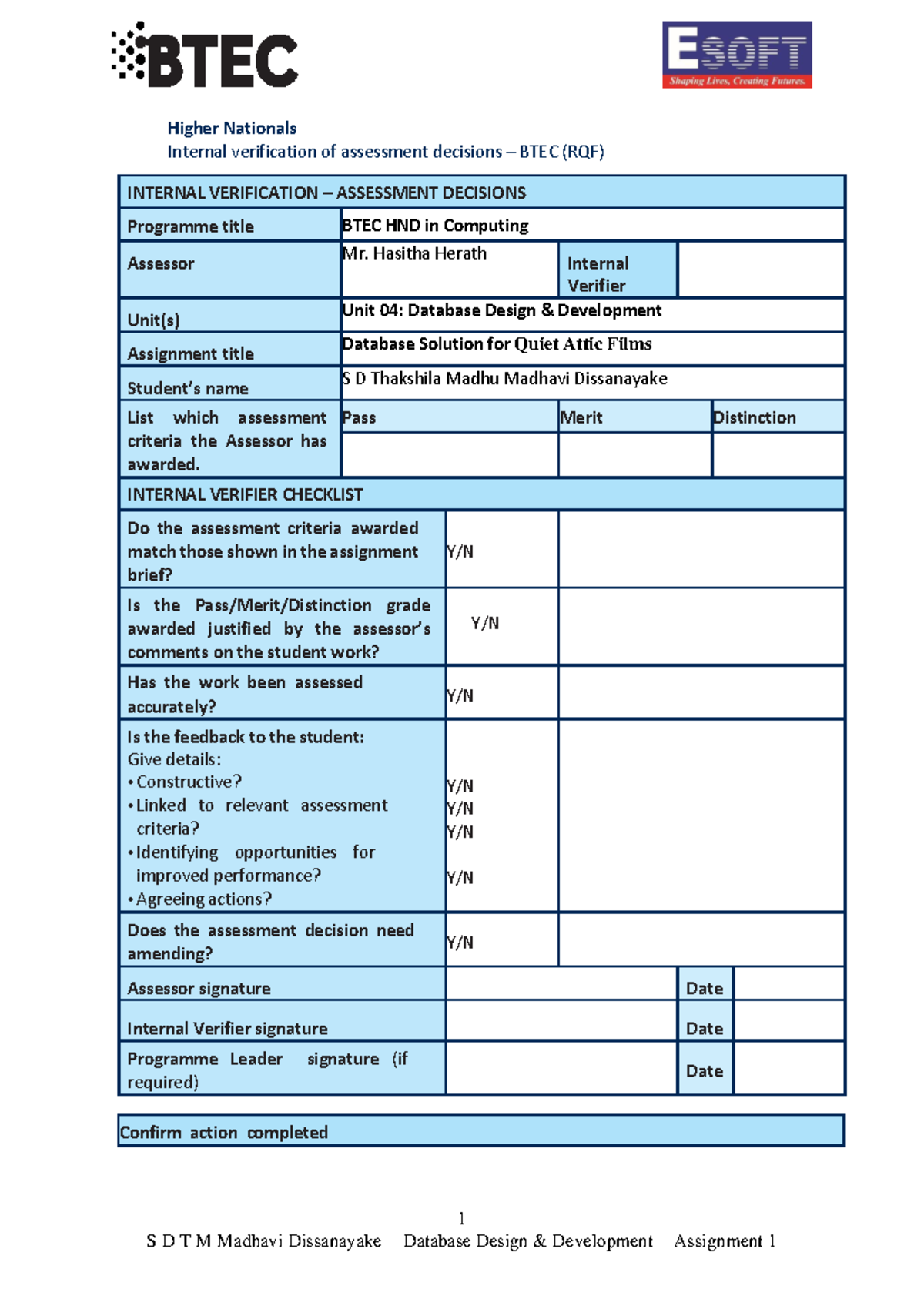 Database Sample - ####### 1 Higher Nationals Internal verification of ...
