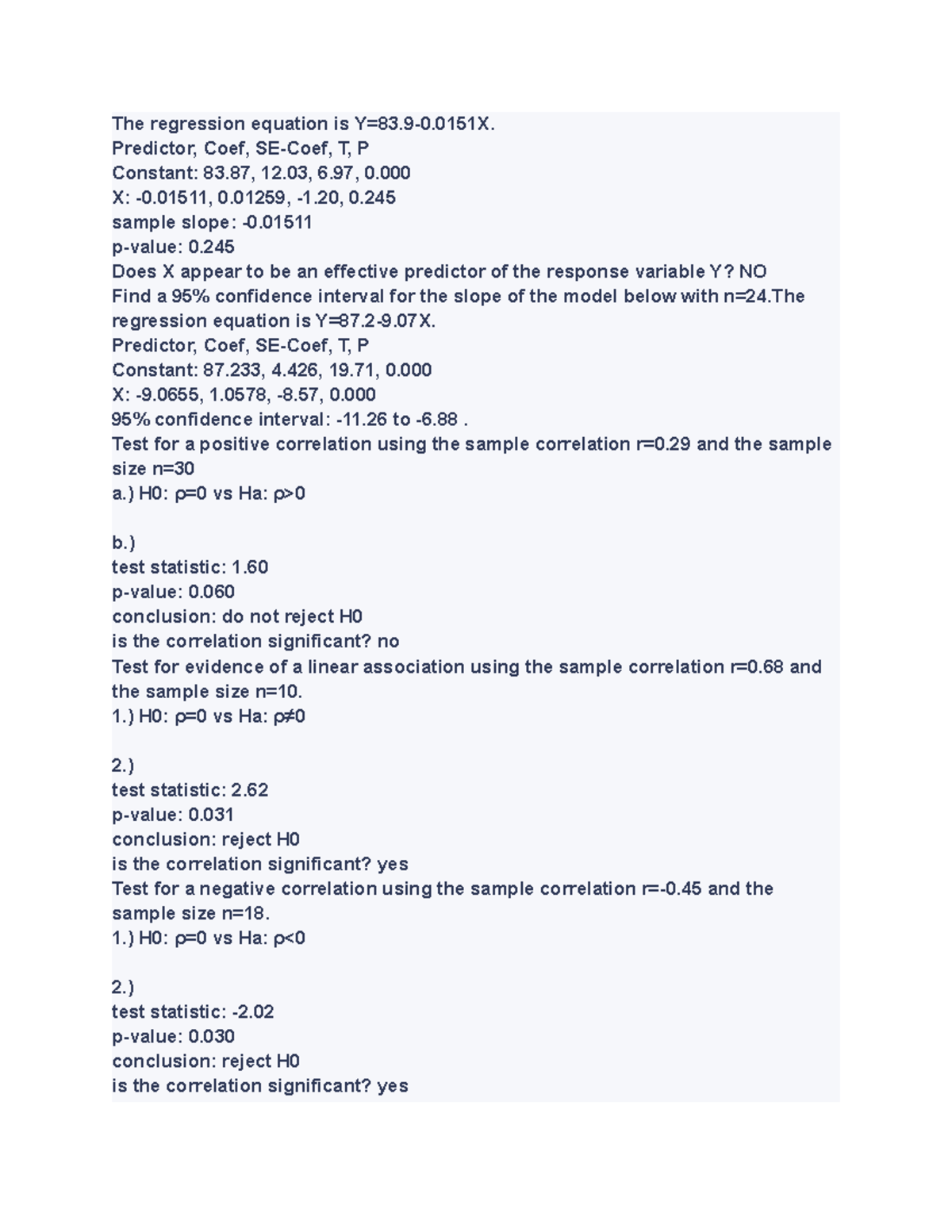 STA296 #9 - review help! - The regression equation is Y=83.9-0 ...