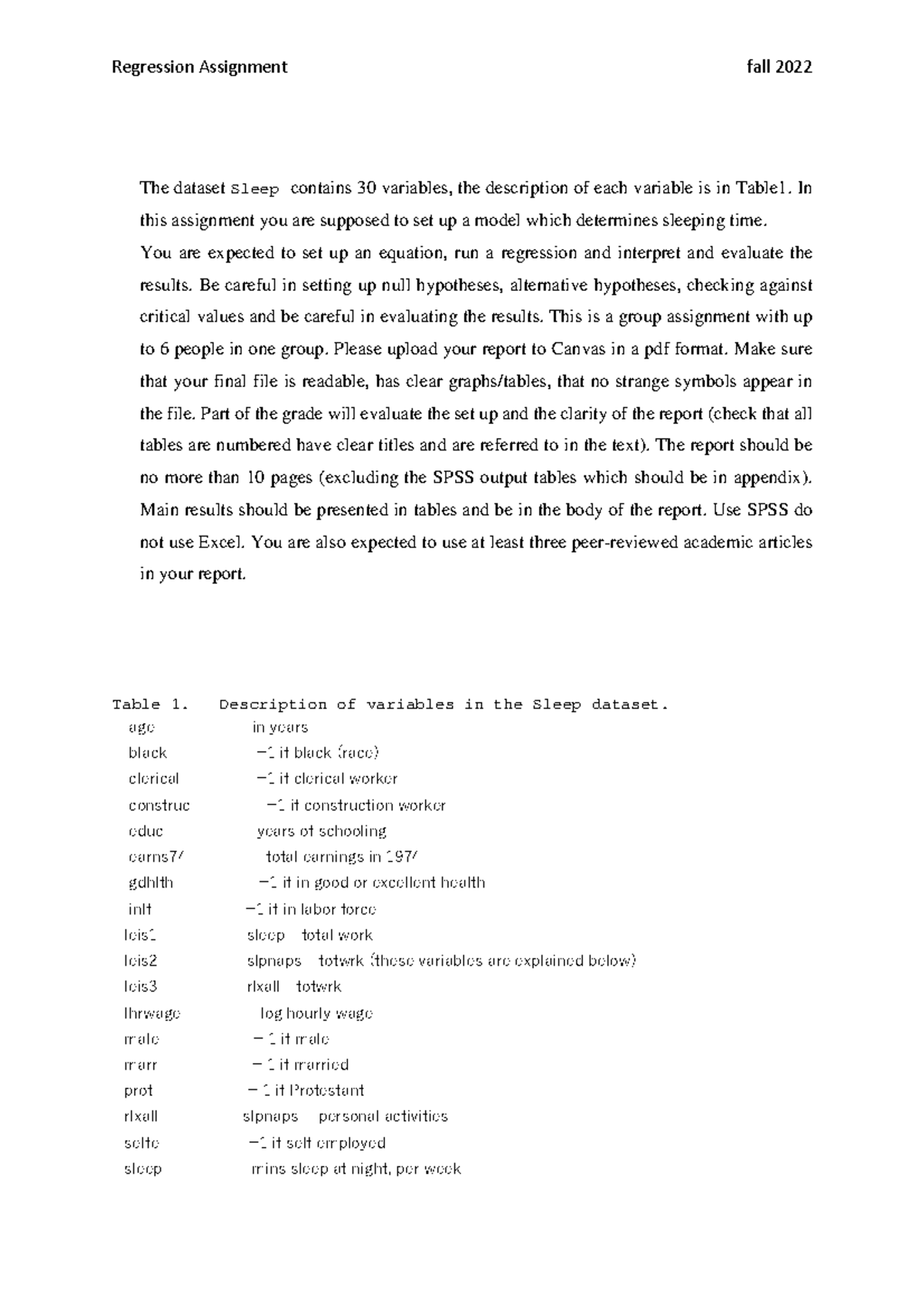 Regression project AS2 2022 - Regression Assignment fall 2022 The dataset Sleep contains 30 ...