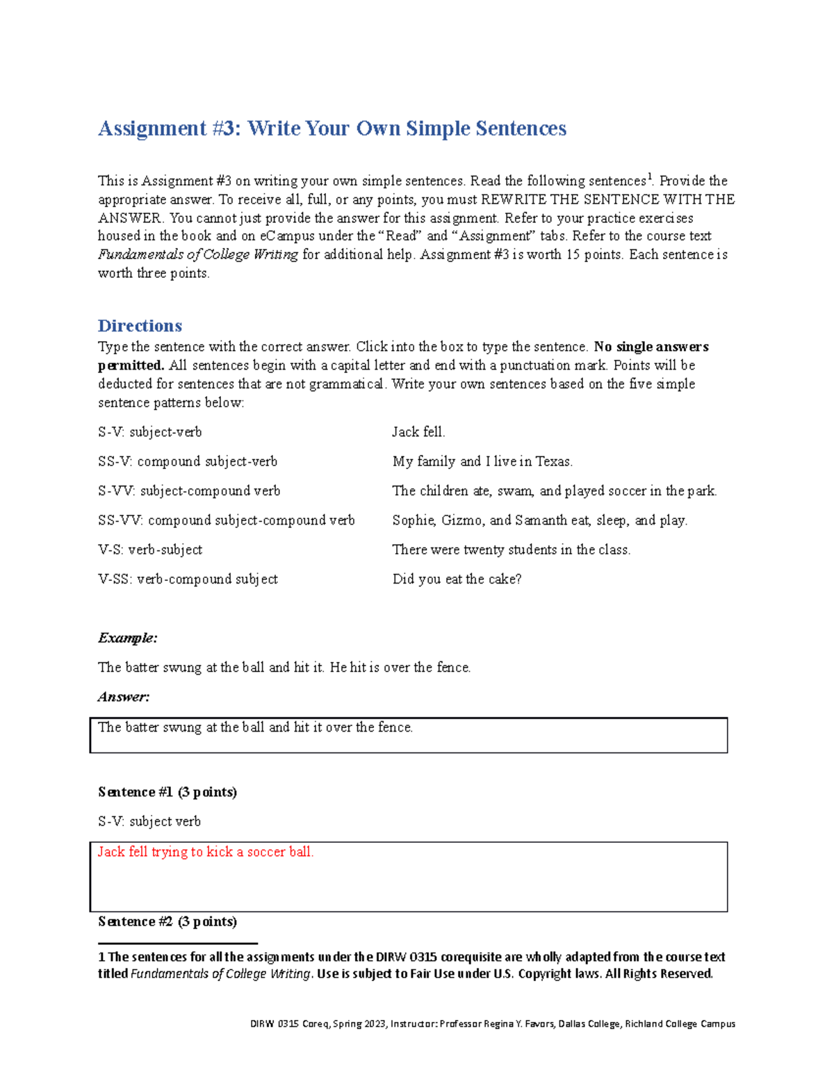 Spring 2023 DIRW Assignment 3 Write your own simple sentences ...
