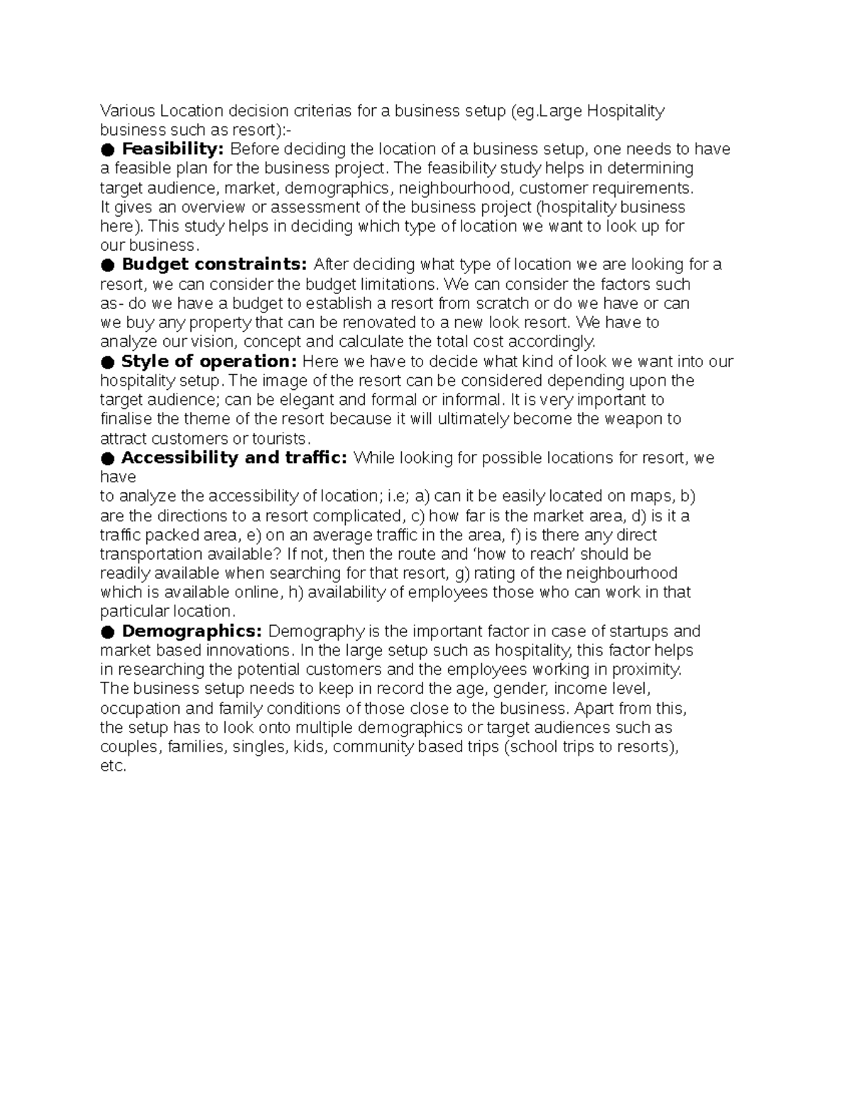 Location decision Criterion - Various Location decision criterias for a ...