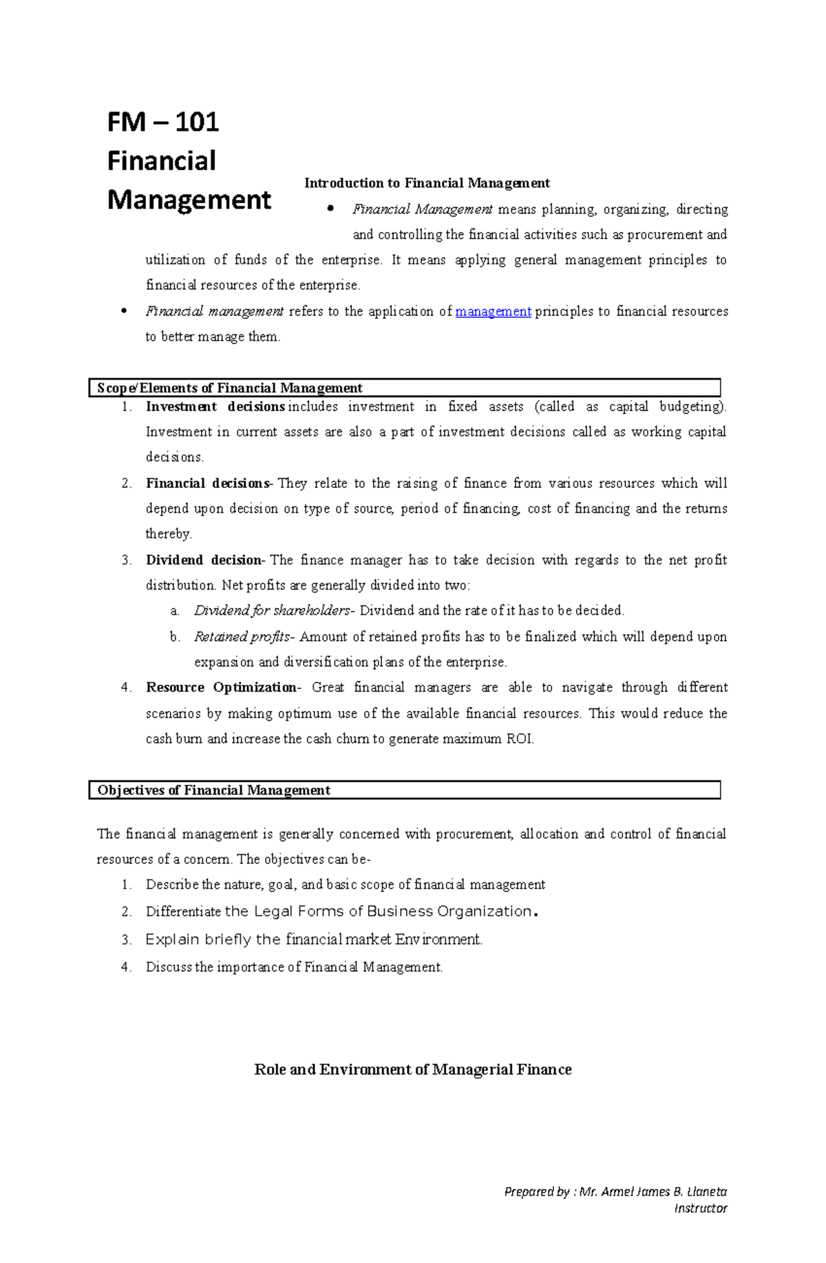FM 101 - Week 1 to 4 Introduction to Financial Management ...