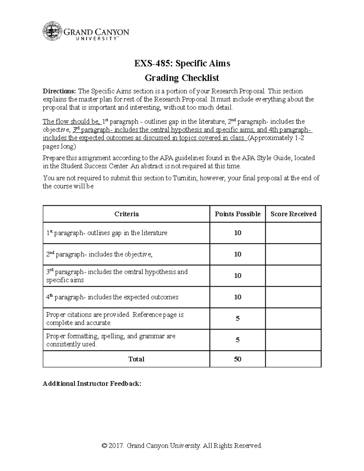EXS 485 R Checklist Specific Aims Section - EXS-485: Specific Aims Grading Checklist Directions ...