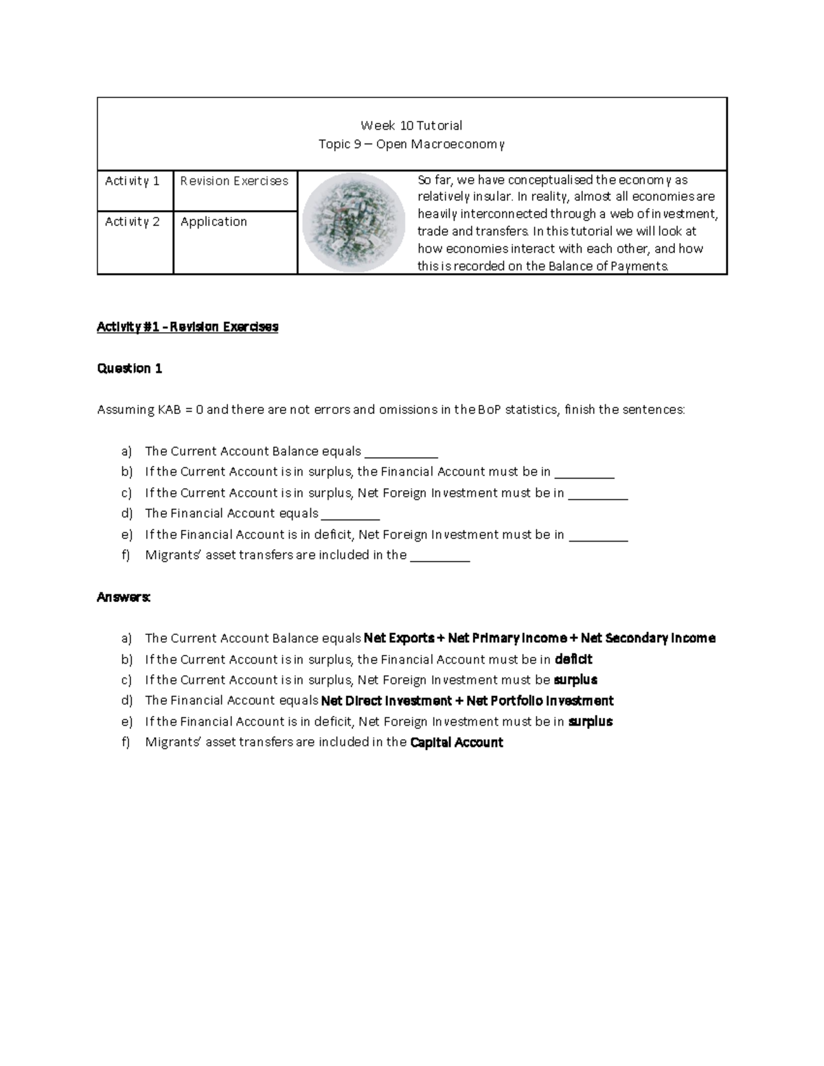 Topic 9 Open Macroeconomy - Week 10 Tutorial Topic 9 – Open ...