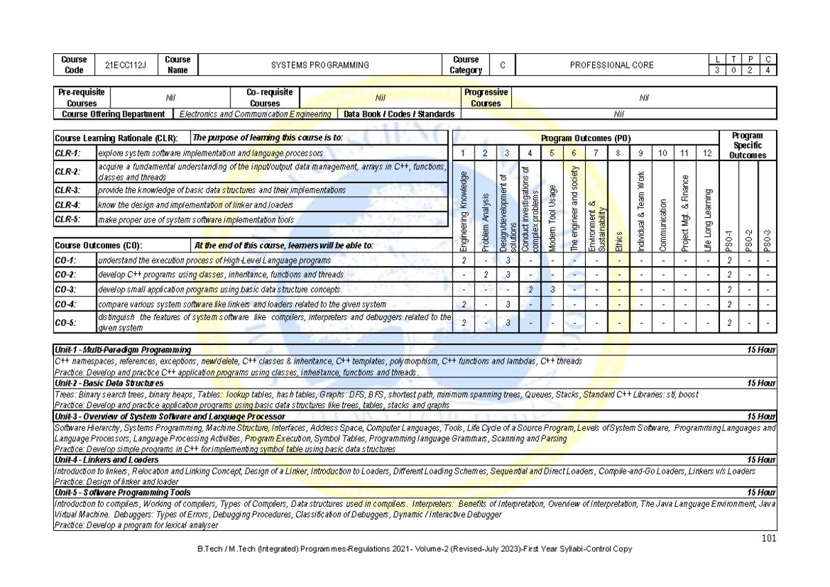 Systems programming syllabus - 101 B / M (Integrated) Programmes ...