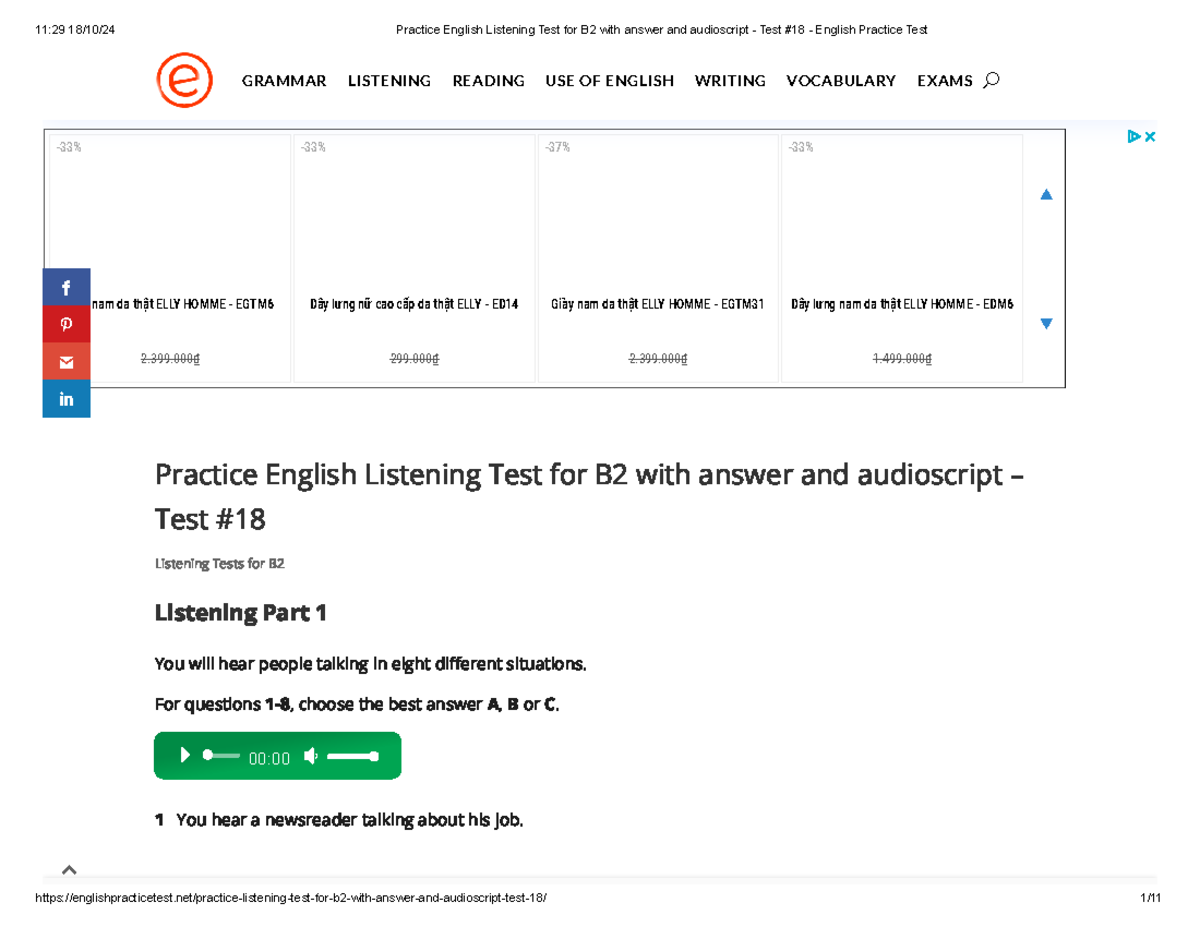 Practice English Listening Test for B2 with answer and audioscript ...