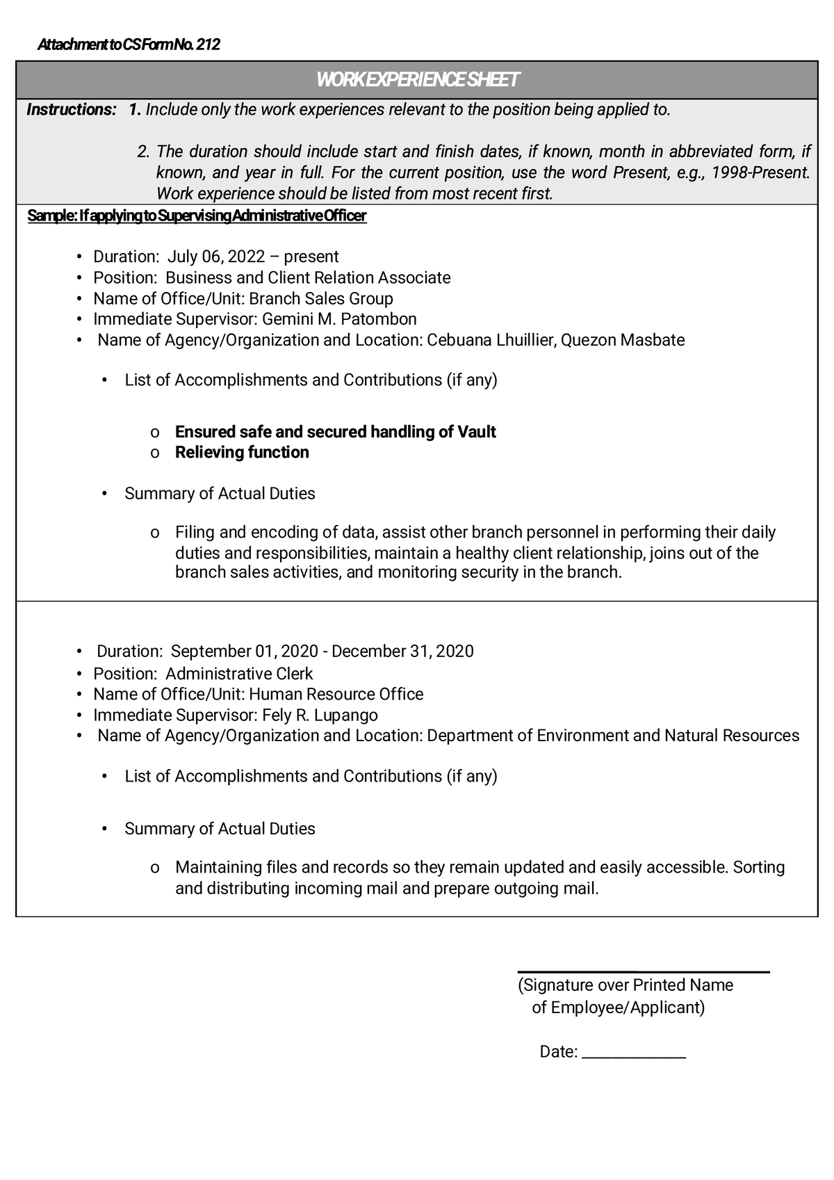 CS Form No. 212 Attachment - Work Experience Sheet - (Signature over ...