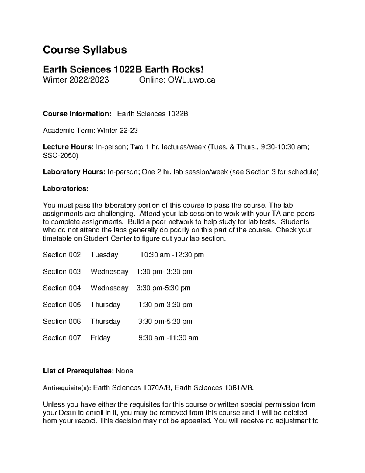 ES 1022 B 2023 Course Syllabus - Course Syllabus Earth Sciences 1022B ...