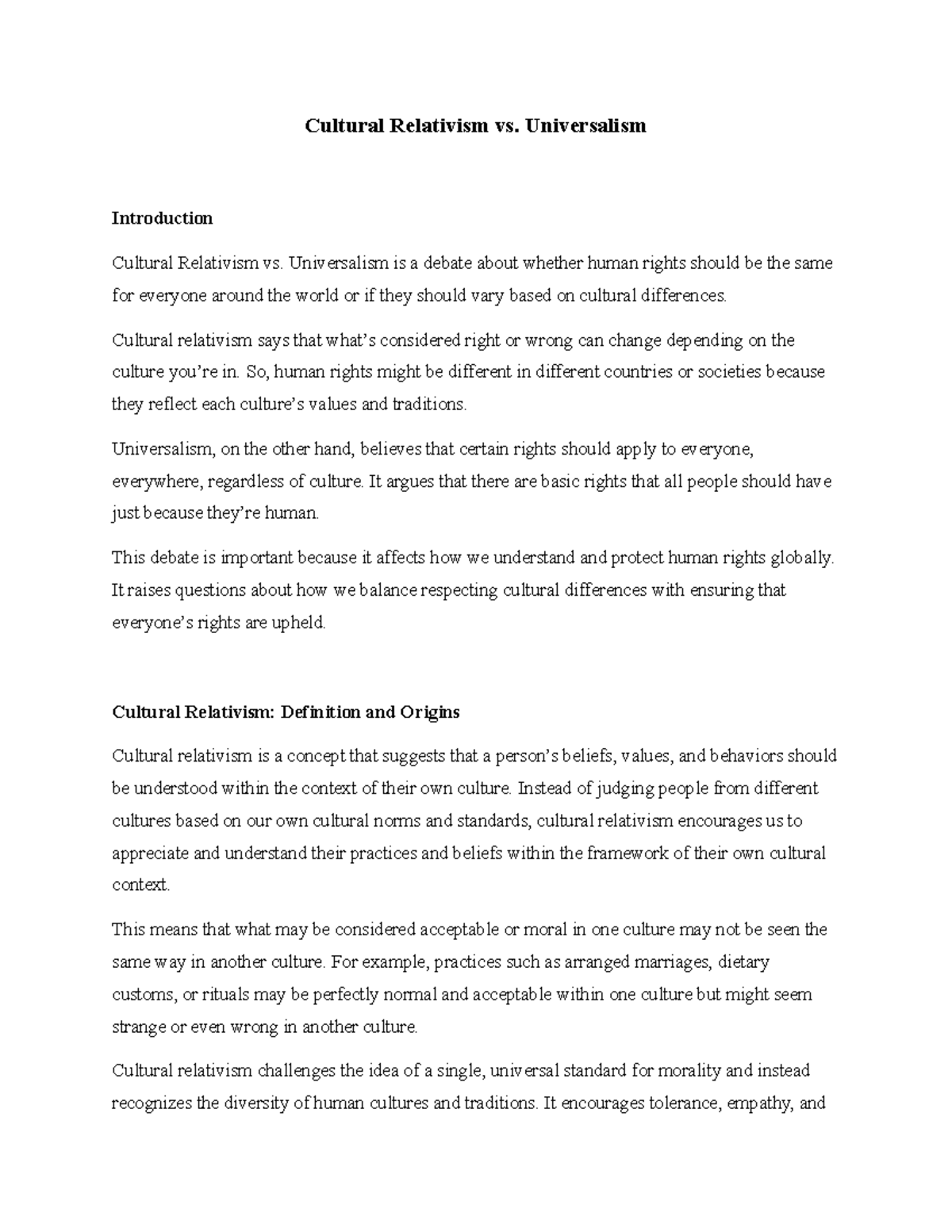 Mohit Kumar Task1 - Cultural Relativism vs. Universalism Introduction ...