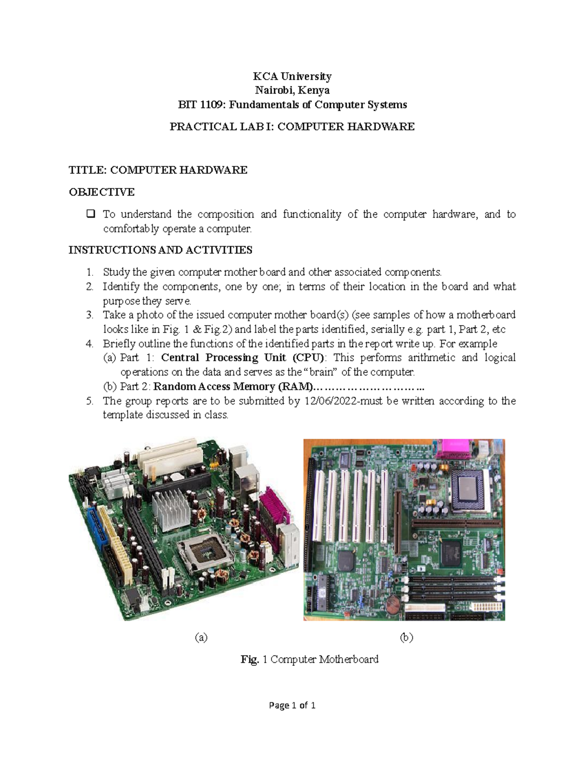 BIT1109-Lab Practical 1-Computer Parts - KCA University Nairobi, Kenya ...