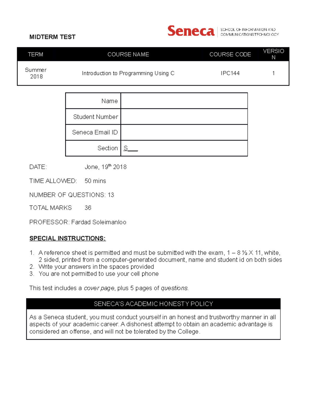 IPC144 2184 Mid Term V1 - SDSFSDFSDF - MIDTERM TEST TERM COURSE NAME ...