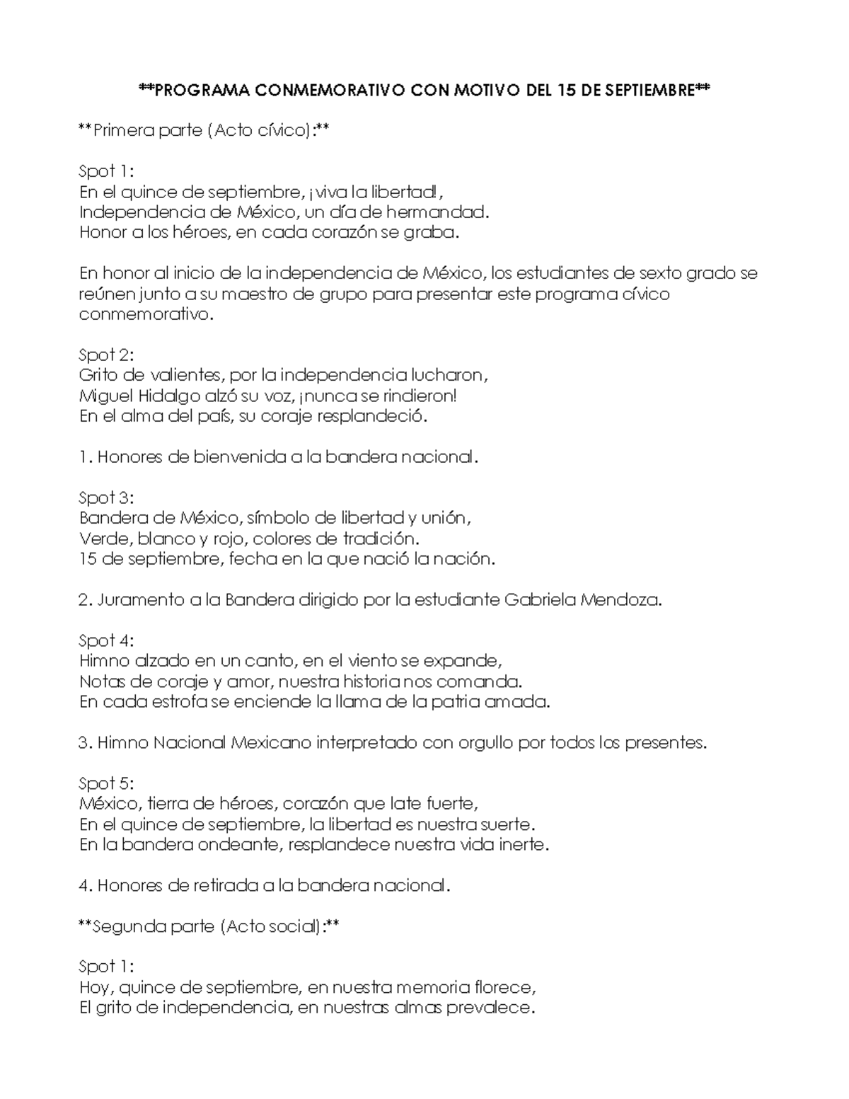 Programa 15 de septiembre - PROGRAMA CONMEMORATIVO CON MOTIVO DEL 15 DE SEPTIEMBRE Primera parte ...