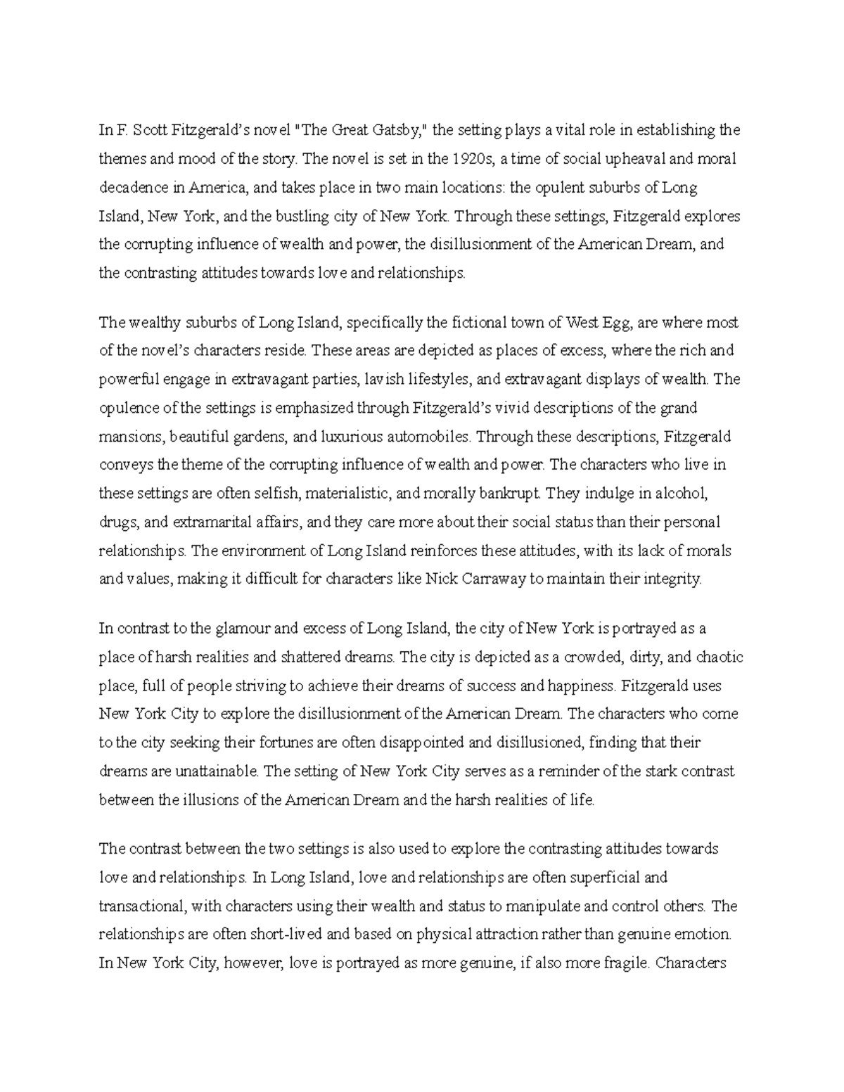 The Importance of Setting in F. Scott Fitzgerald’s "The Great Gatsby ...