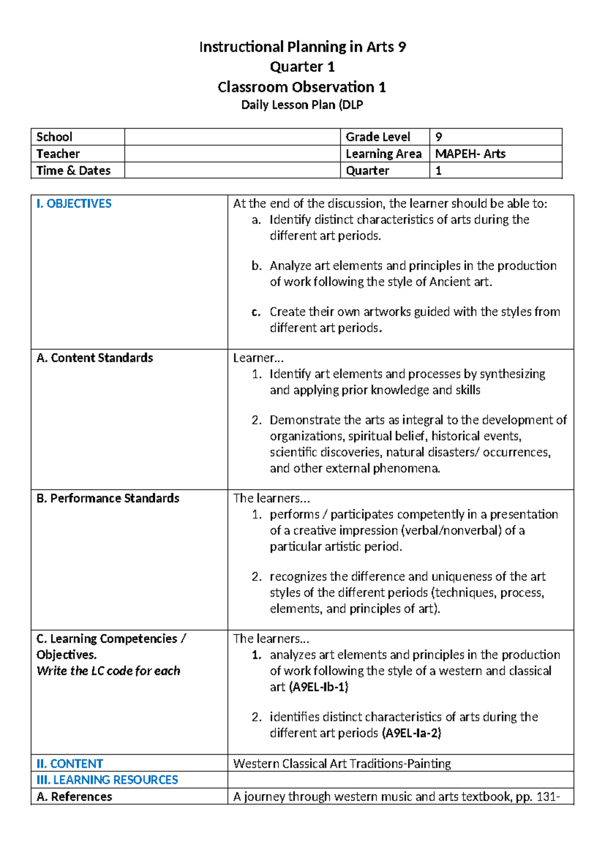 ARTS - Instructional Planning in Arts 9 Quarter 1 Classroom Observation ...