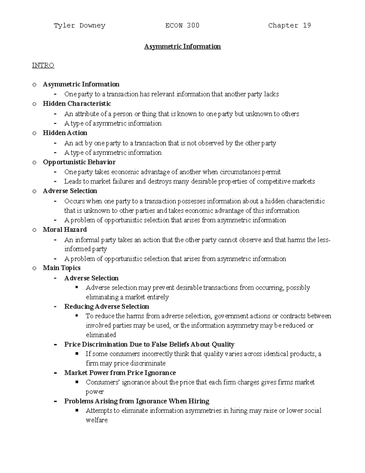Asymmetric Information Chapter 19 - Asymmetric Information INTRO o ...