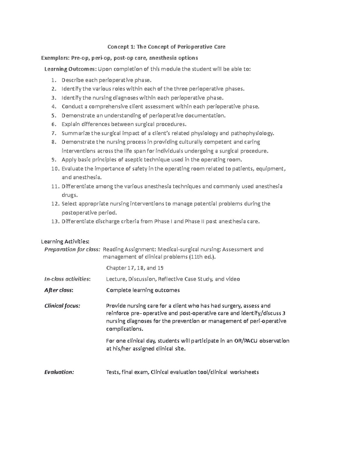 NUR 112 Peri Op Notes - Concept 1: The Concept of Perioperative Care ...