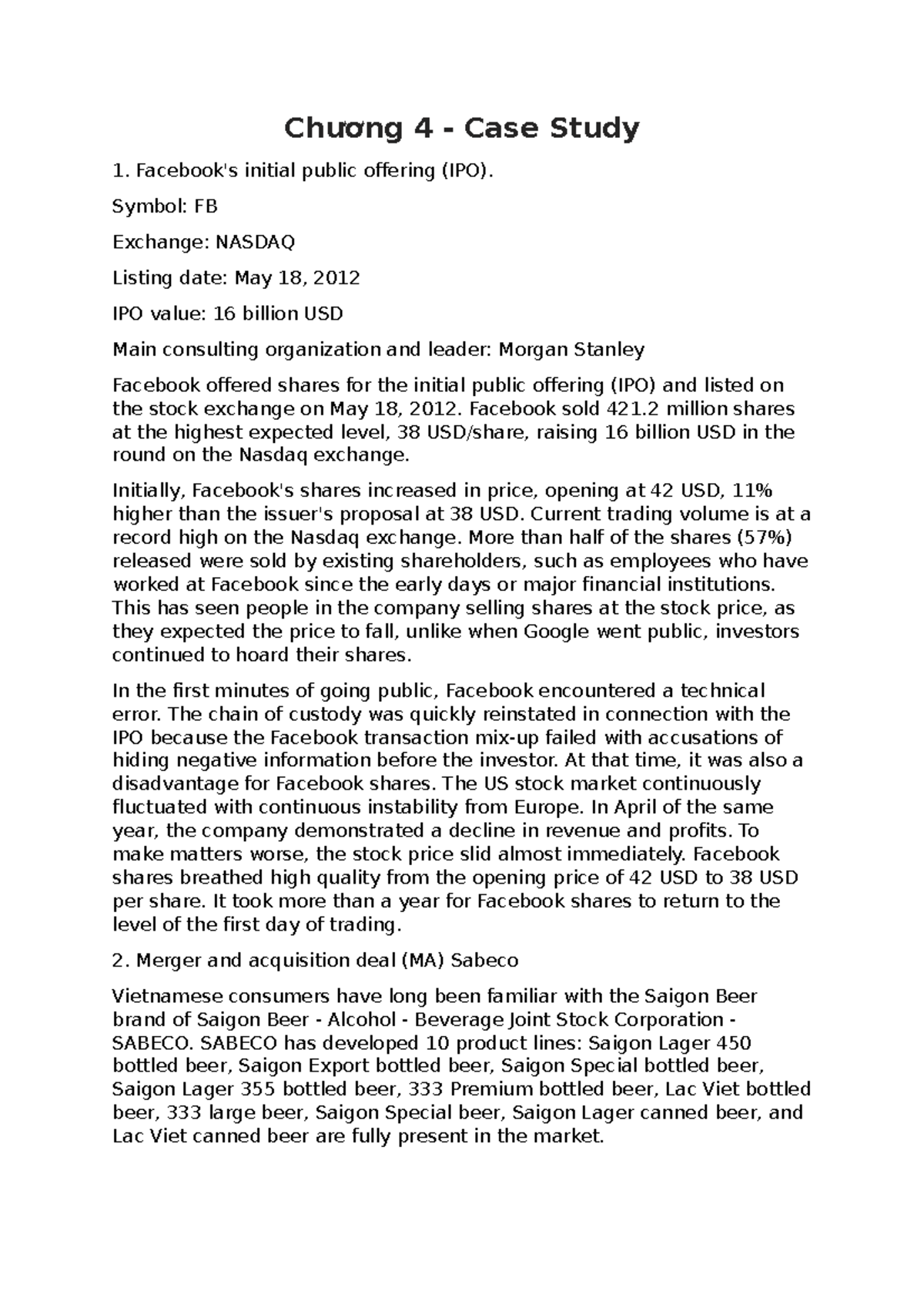 Chương 4 Case Study - Chương 4 - Case Study Facebook's initial public offering (IPO). Symbol: FB ...