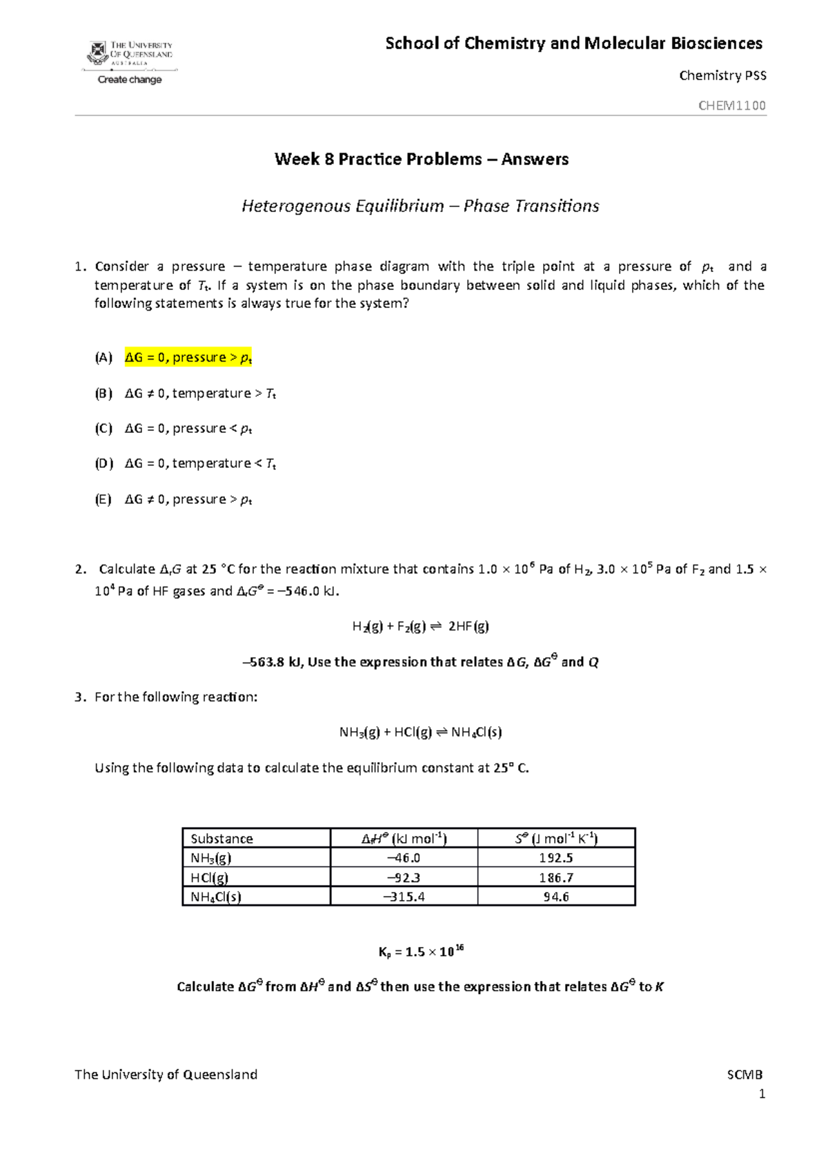 CHEM1 100 Week 8 PSS Worksheet - Answers - Chemistry PSS CHEM Week 8 ...