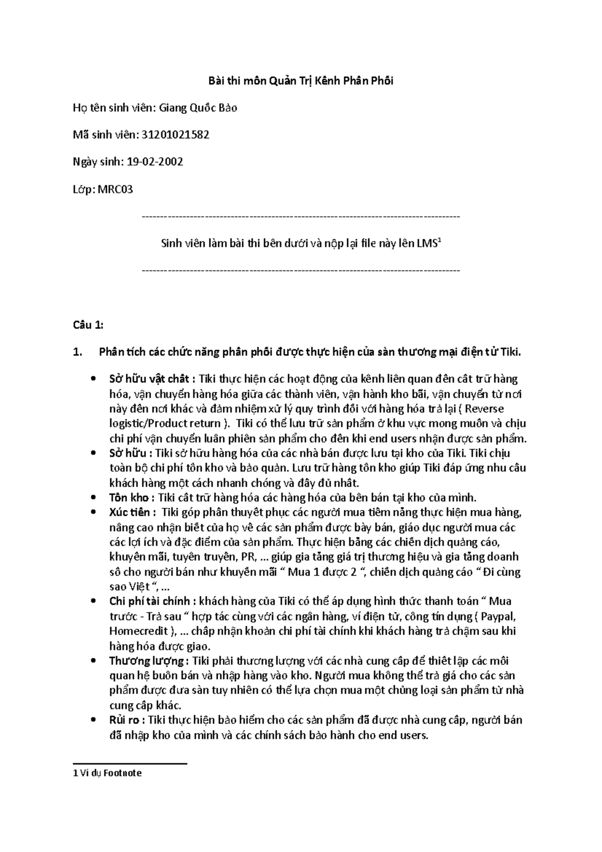 Bainopqtkpp - bai kiem tra - Bài thi môn Qu n Tr Kênh Phân Phôốiả ị H ọ tên sinh viên: Giang ...