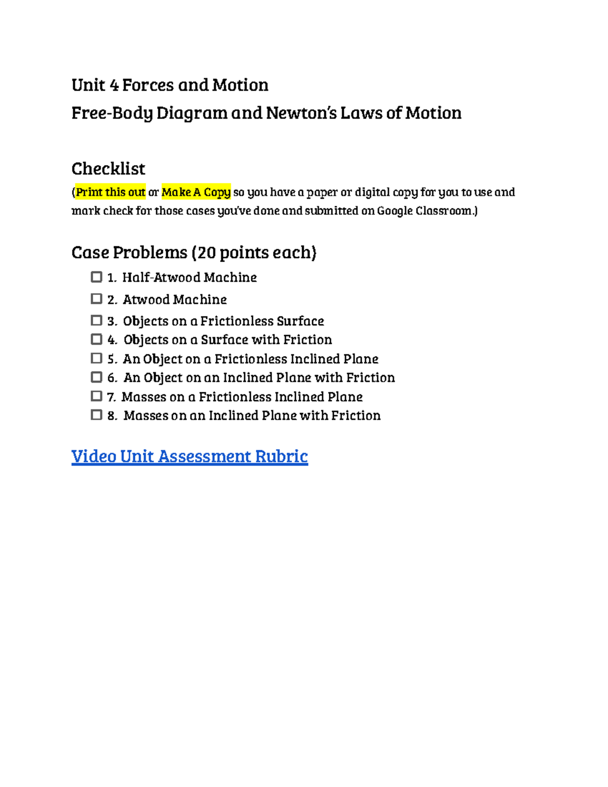 Video Unit Assessment Checklist and Rubric - Unit 4 - Unit 4 Forces and Motion Free-Body Diagram ...