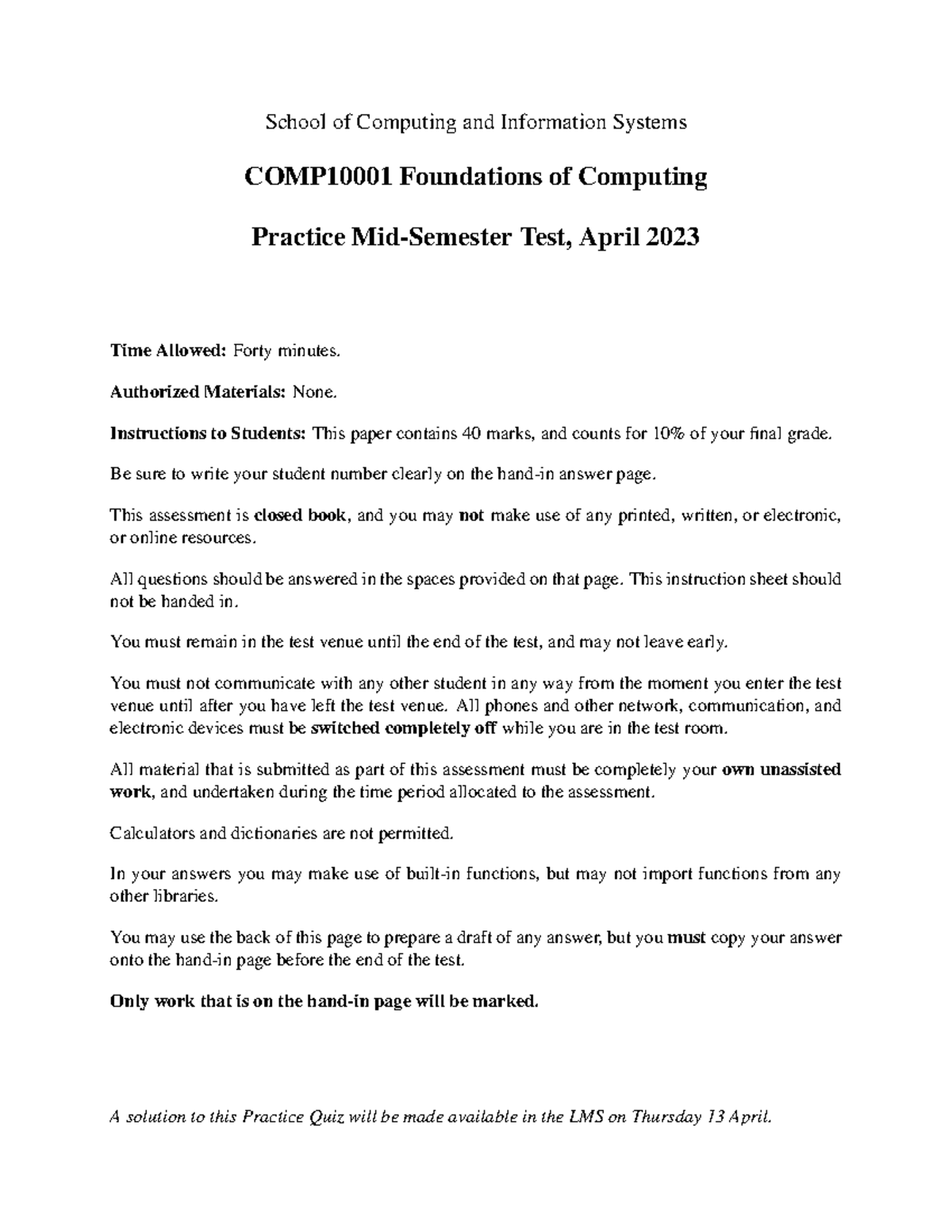 Mst-practice - mid-term practice - School of Computing and Information Systems COMP10001 ...