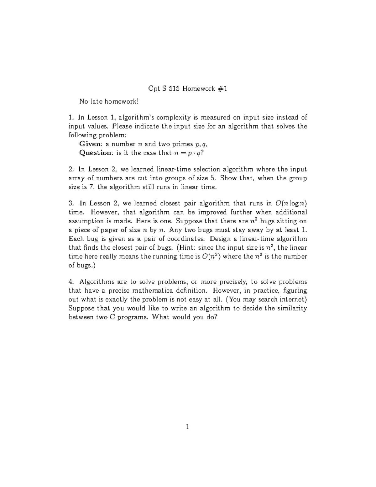 Newhomework 1 - Master's level advance algorithm assignment. - Cpt S ...