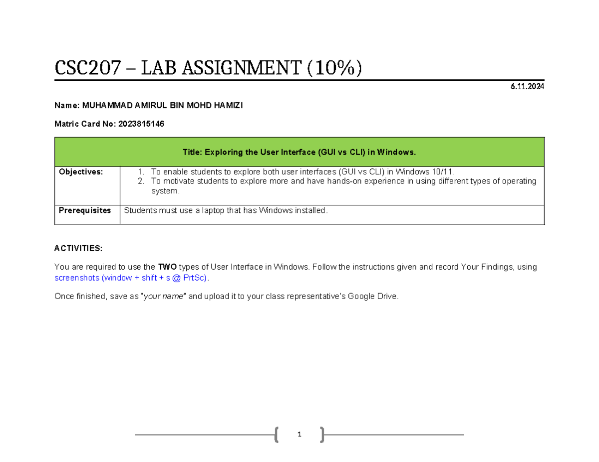Lab Exploring User Interface Nov 2024 - CSC207 – LAB ASSIGNMENT (10%) 6. Name: MUHAMMAD AMIRUL ...