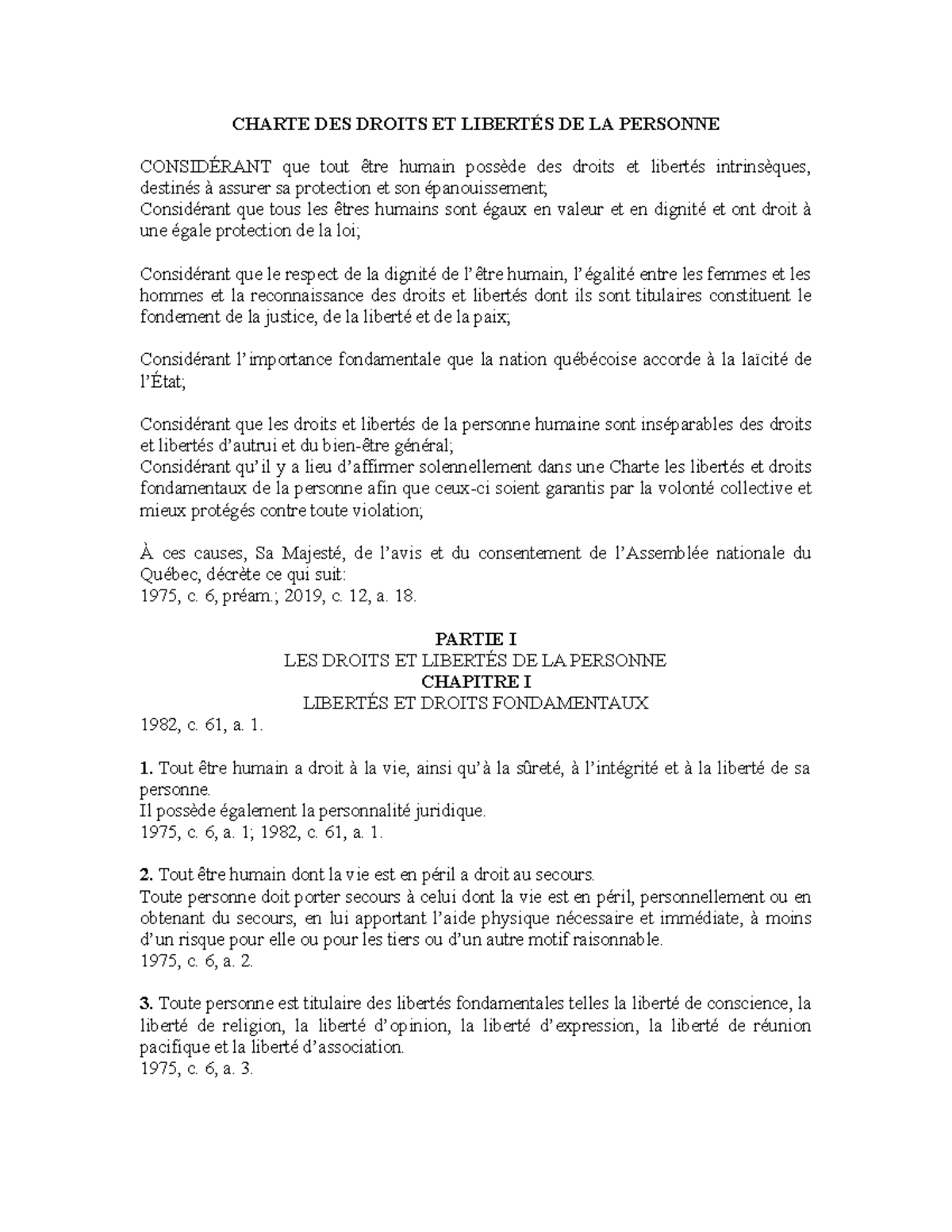 Charte des Droits et Libertés de la Personne - CHARTE DES DROITS ET ...