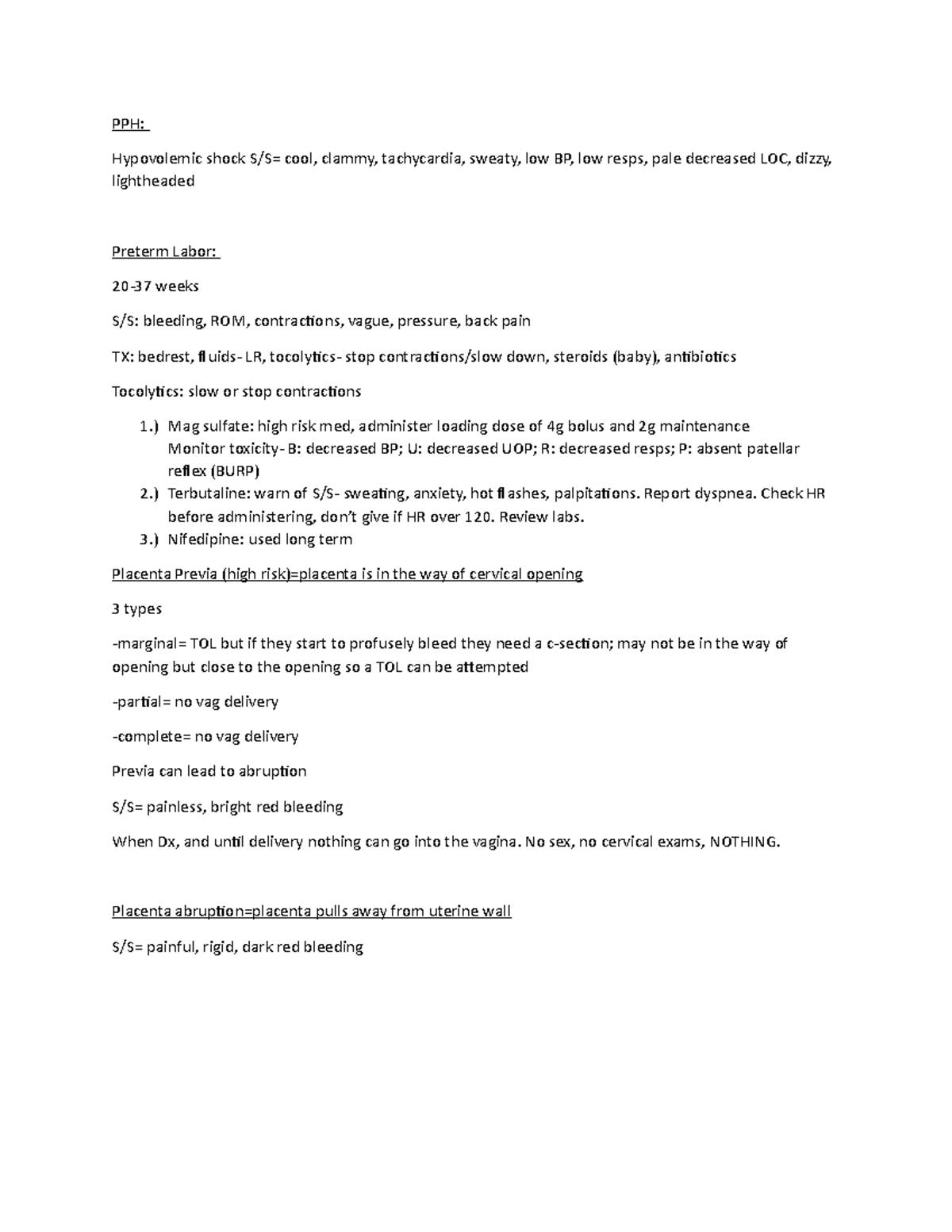 PPH - notes - PPH: Hypovolemic shock S/S= cool, clammy, tachycardia ...