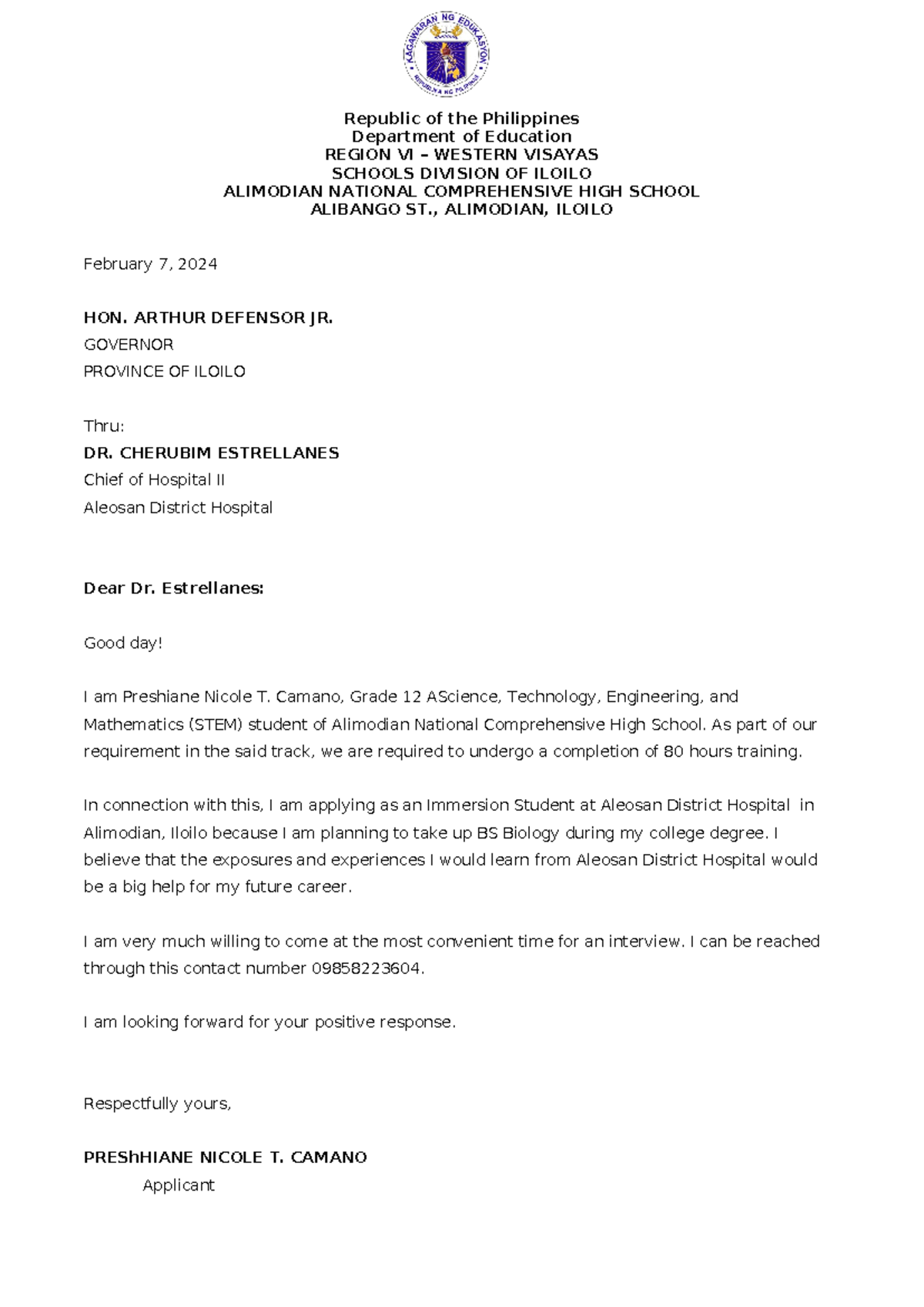 Application Letter - Republic of the Philippines Department of ...