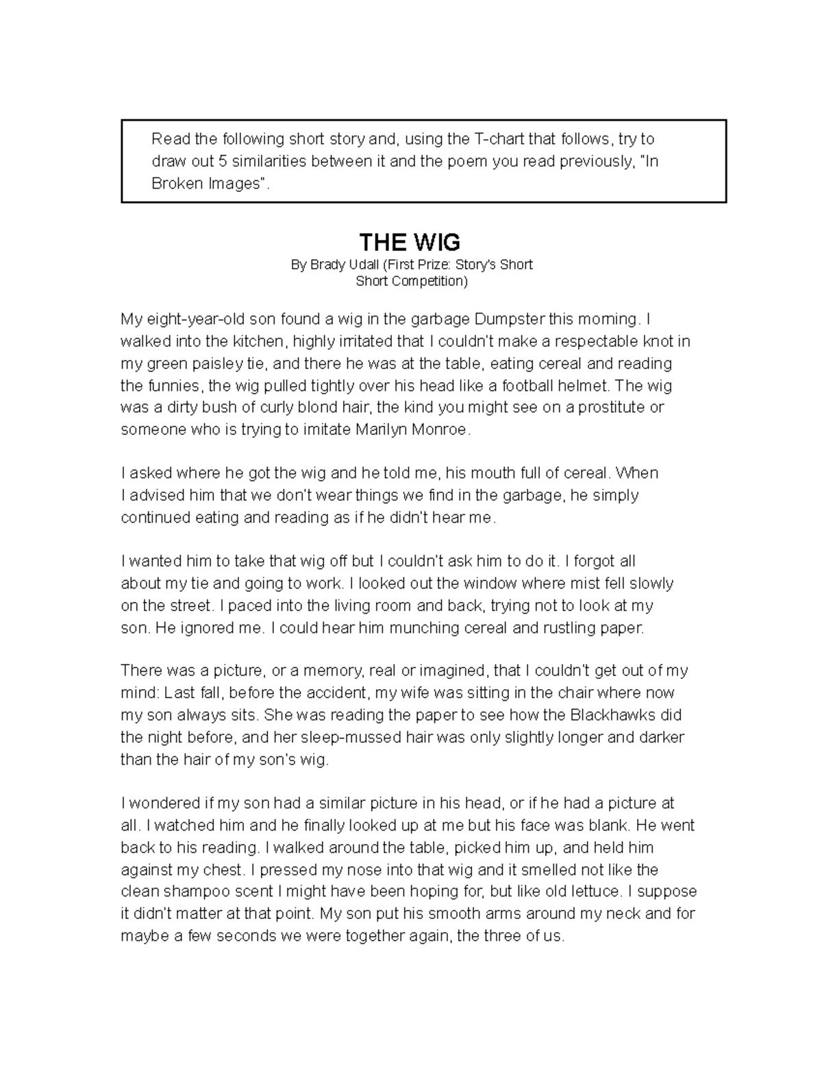 The Wig Analysis - Read the following short story and, using the T ...