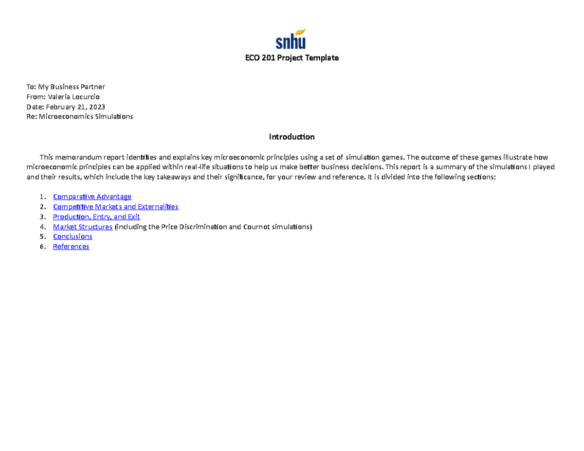 8-1 project ECO 201 - ECO 201 Project Template To: My Business Partner ...