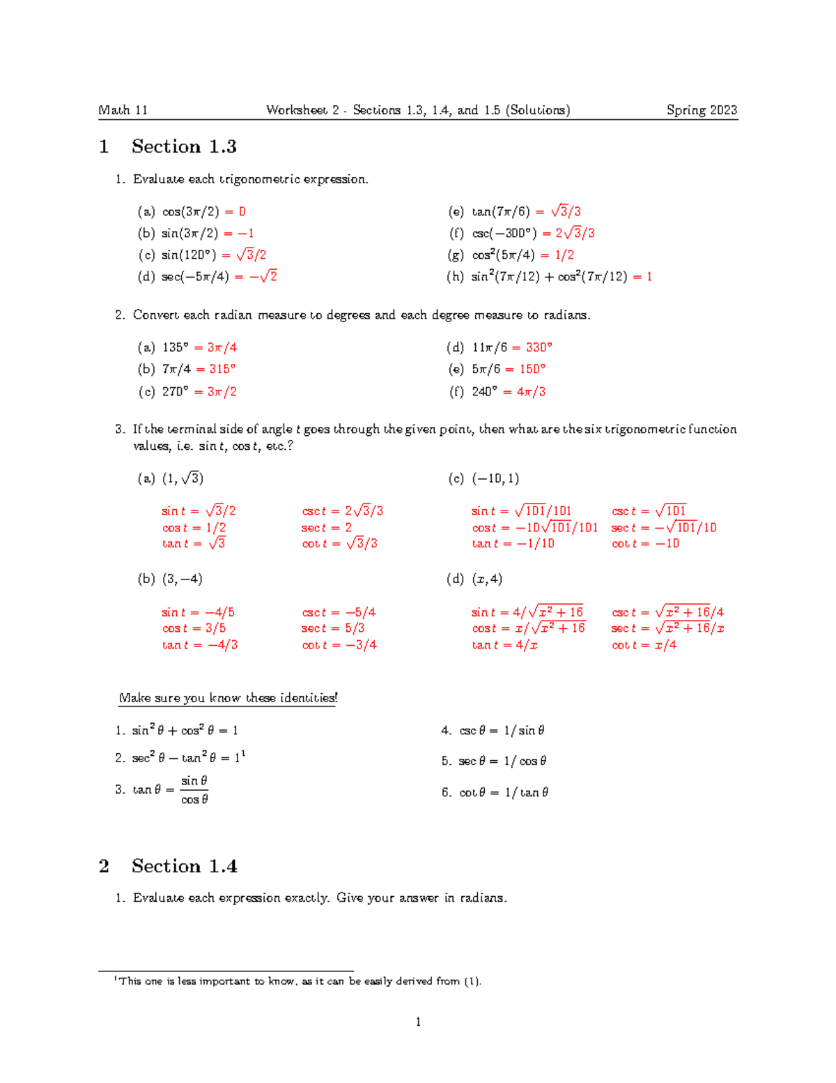 Math 11-Worksheet 02 Sol - 1 Section 1. Evaluate each trigonometric ...