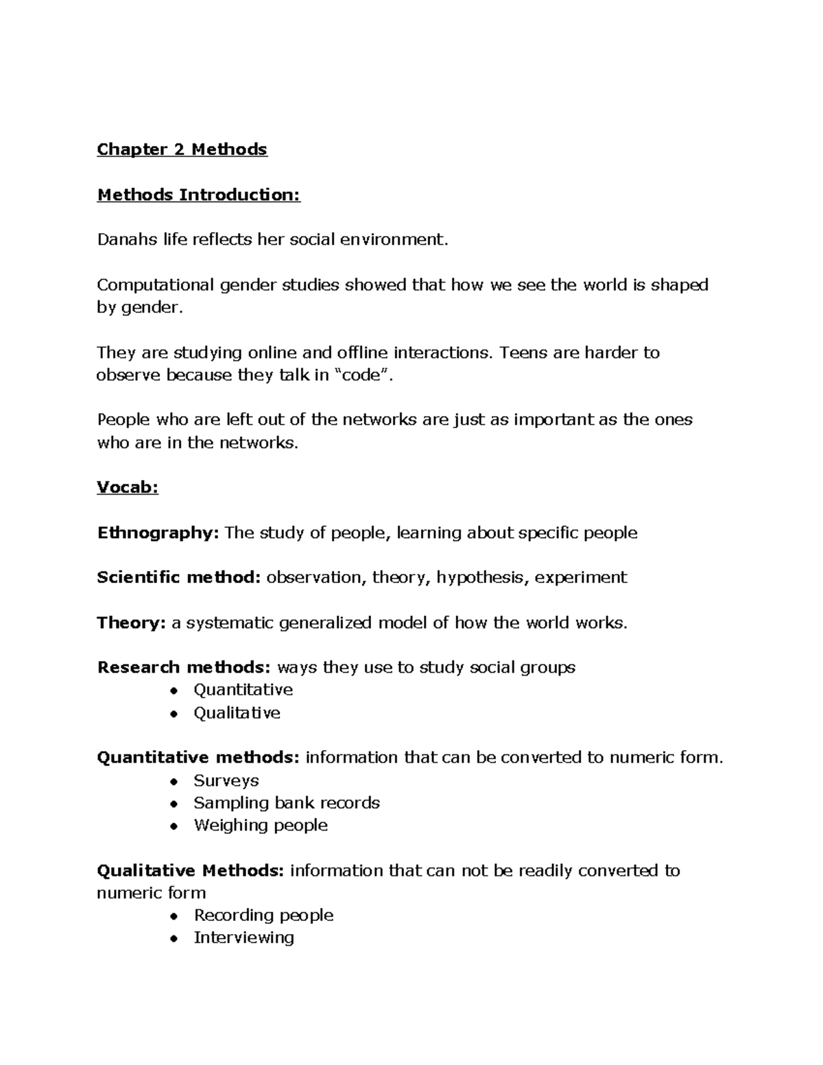 Sociology Unit 2 notes - Chapter 2 Methods Methods Introduction: Danahs ...