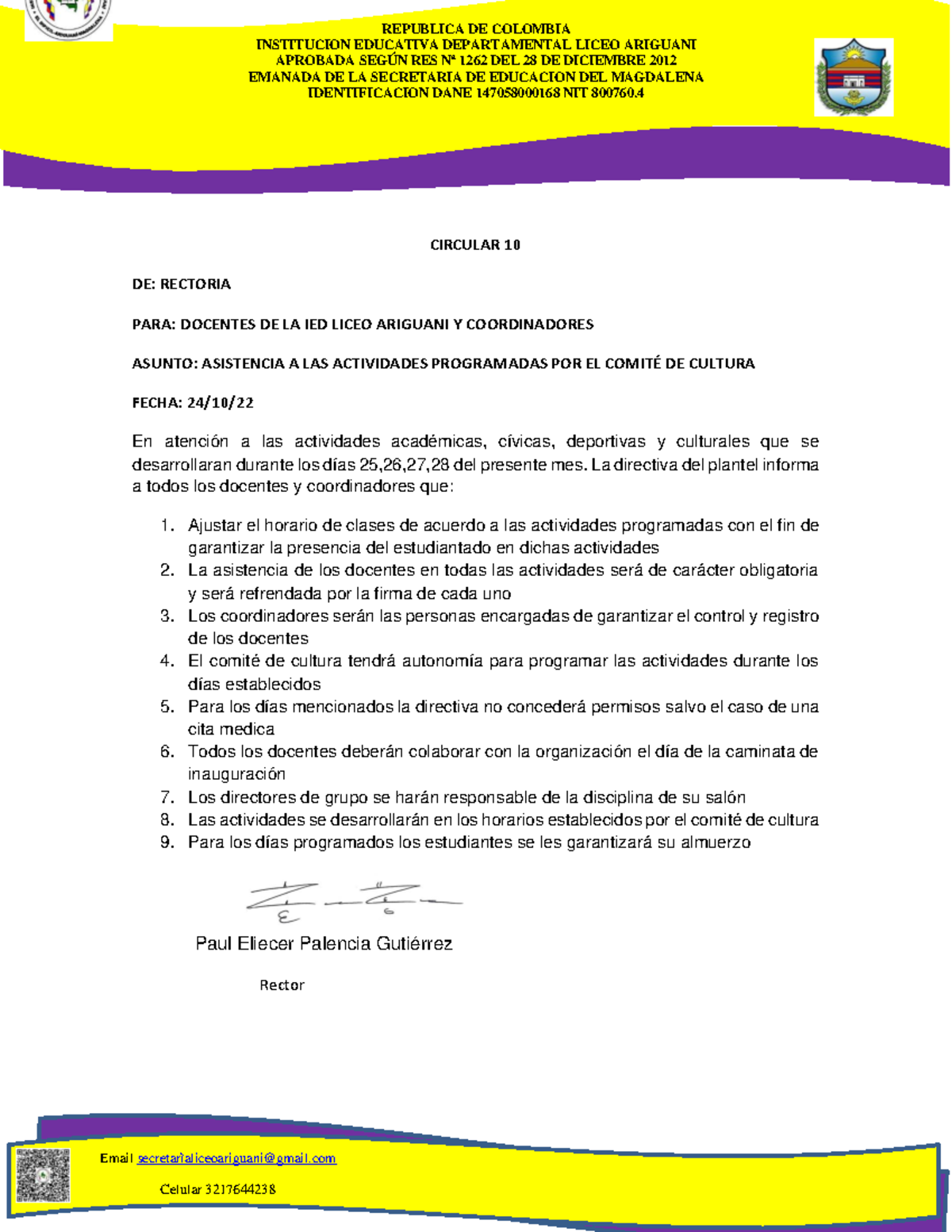 Circular N 10 - Ninguno - RERE EELTE REPUBLICA DE COLOMBIA INSTITUCION ...