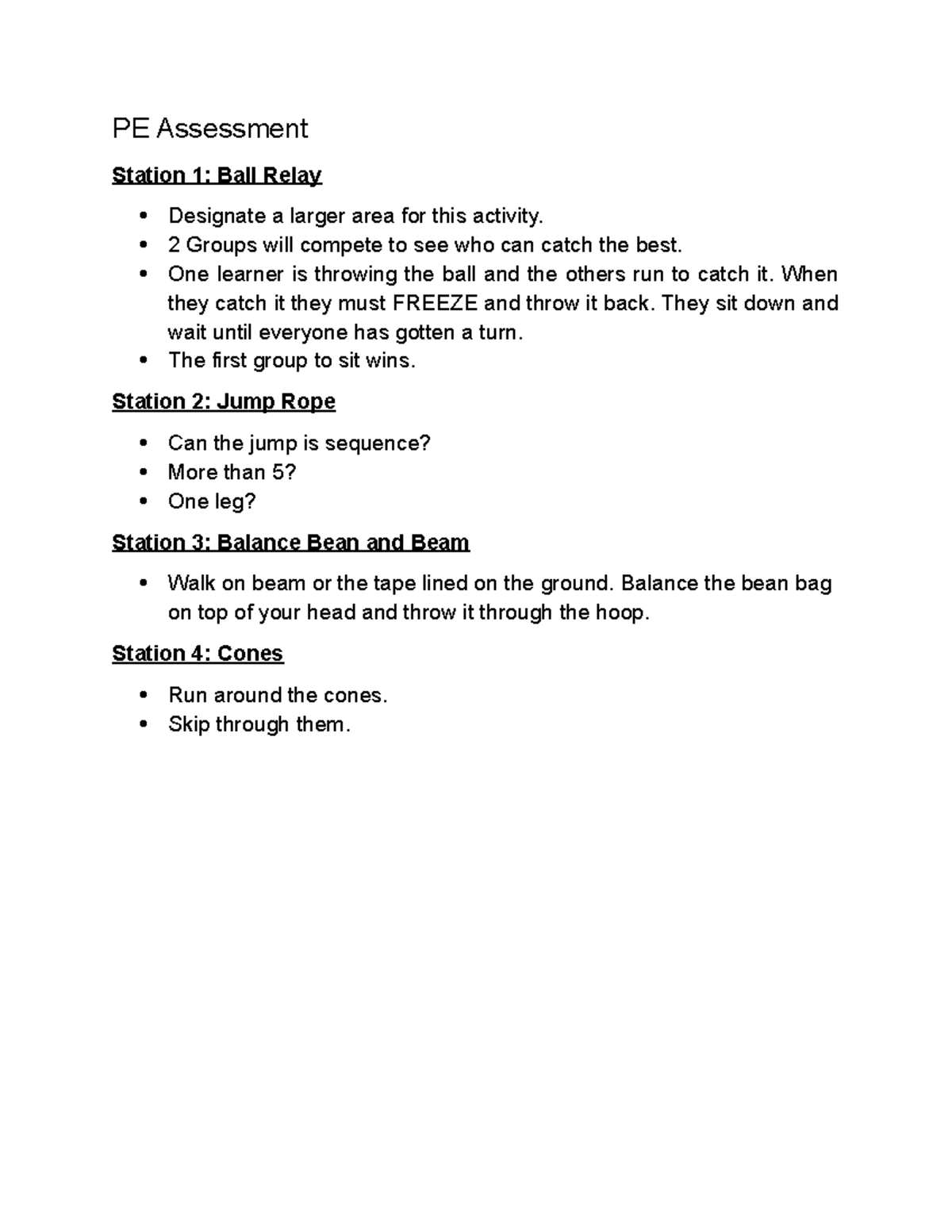 PE Assessment - PE Assessment Station 1: Ball Relay Designate a larger ...