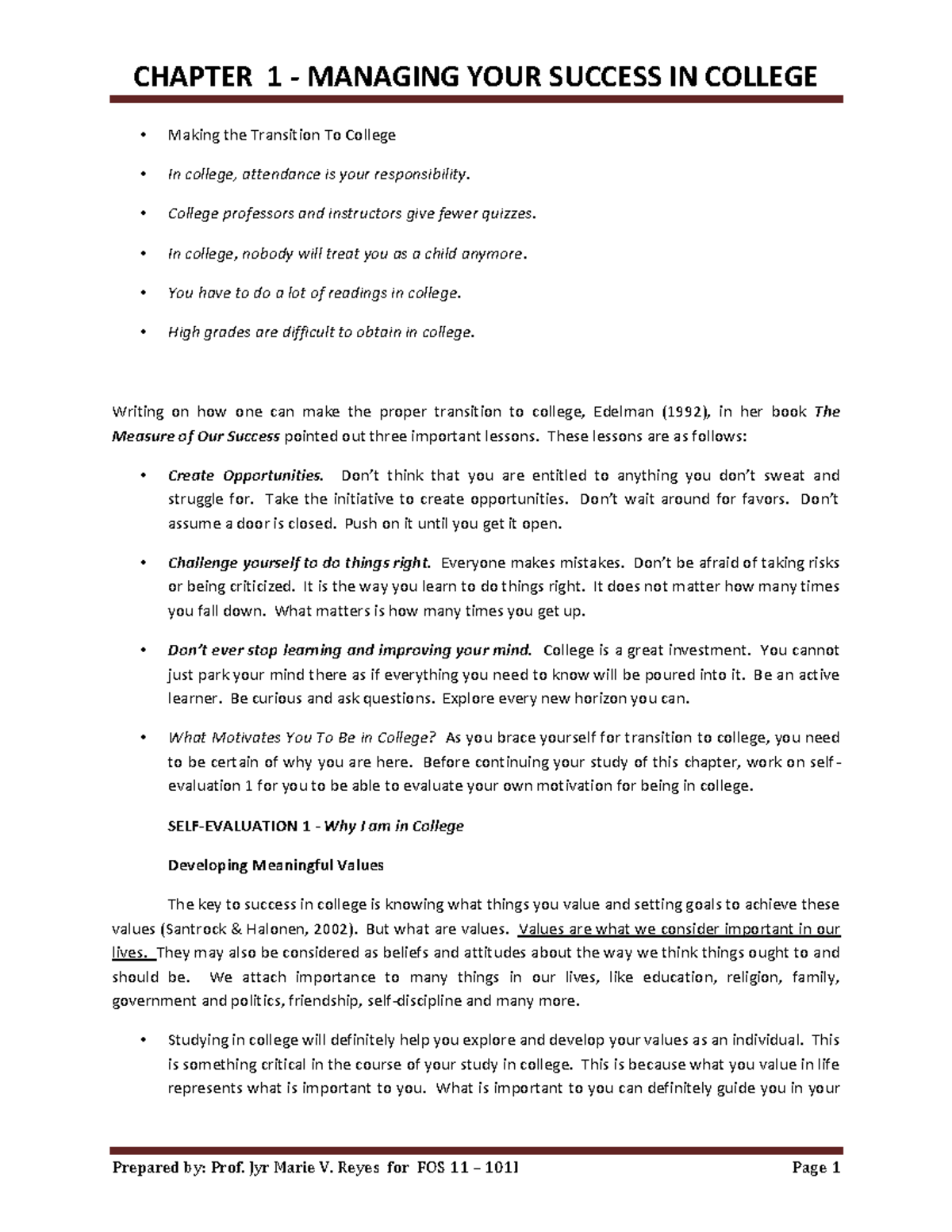 Chapter 1 - Managing YOUR Success IN College - Making the Transition To ...